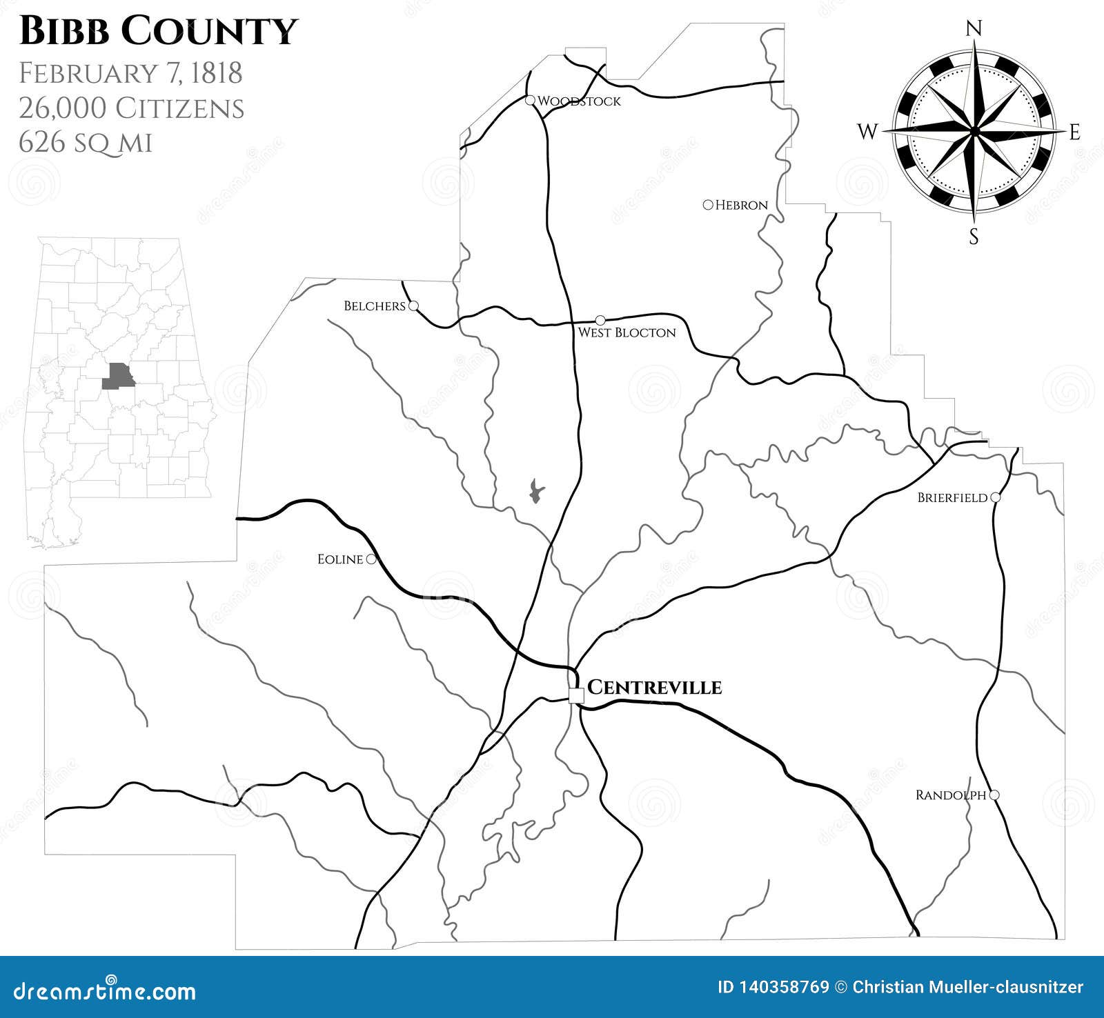 Map of Bibb County in Alabama Stock Vector - Illustration of education ...
