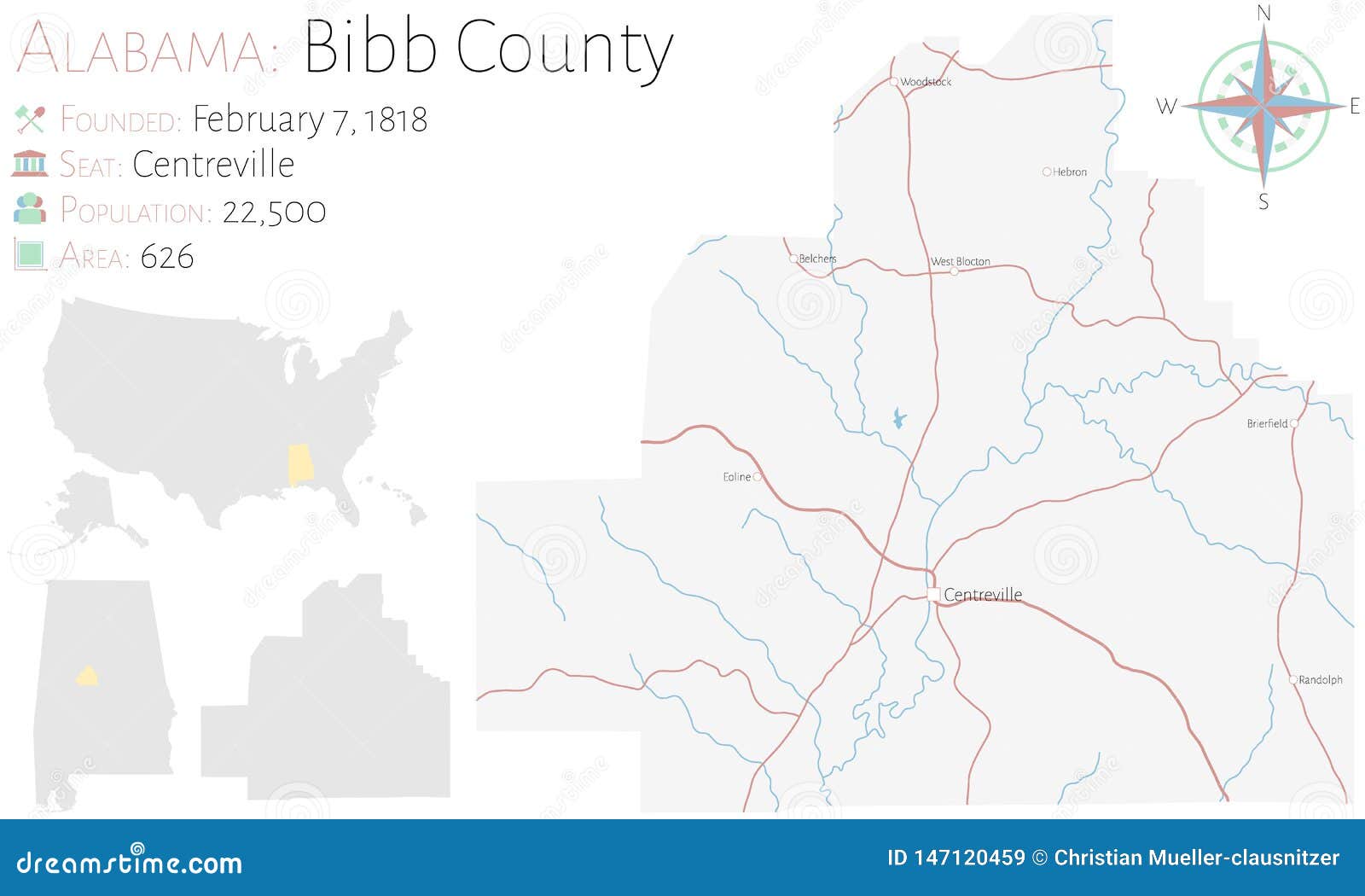 Map of Bibb County in Alabama Stock Vector - Illustration of roads ...