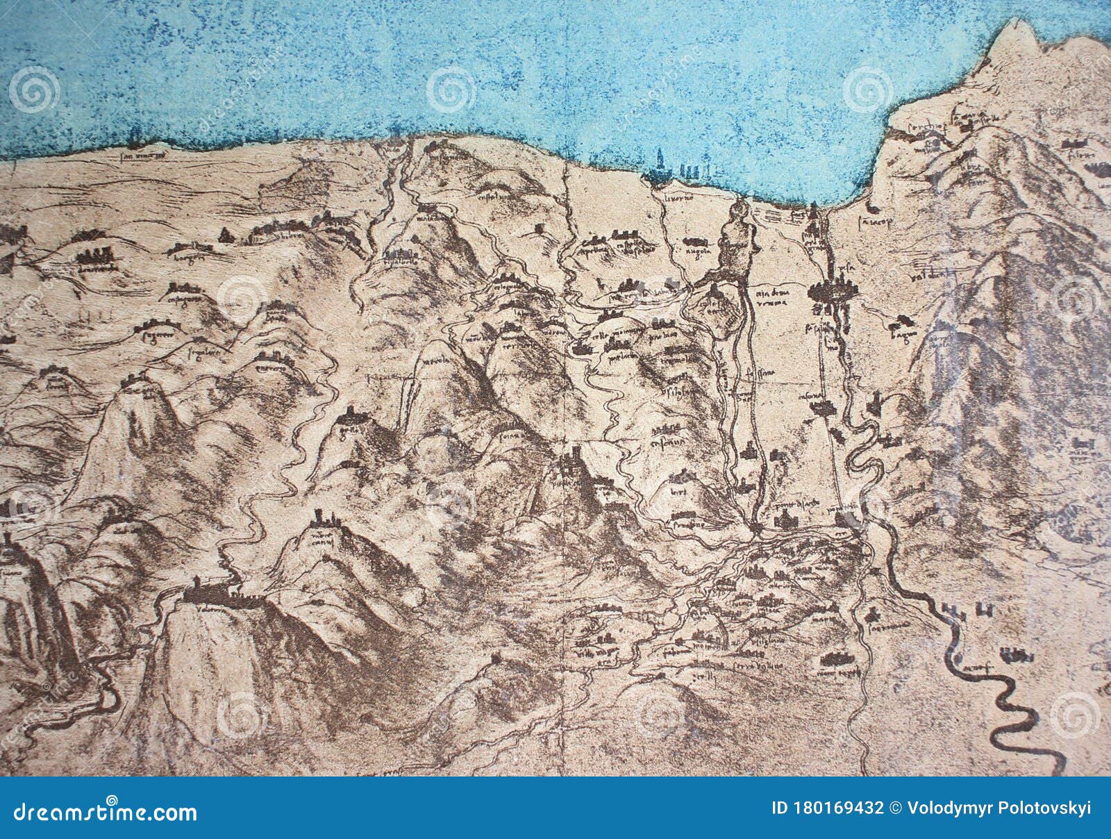 Map From Bird Flight View By Leonardo Da Vinci In A Vintage Book ...