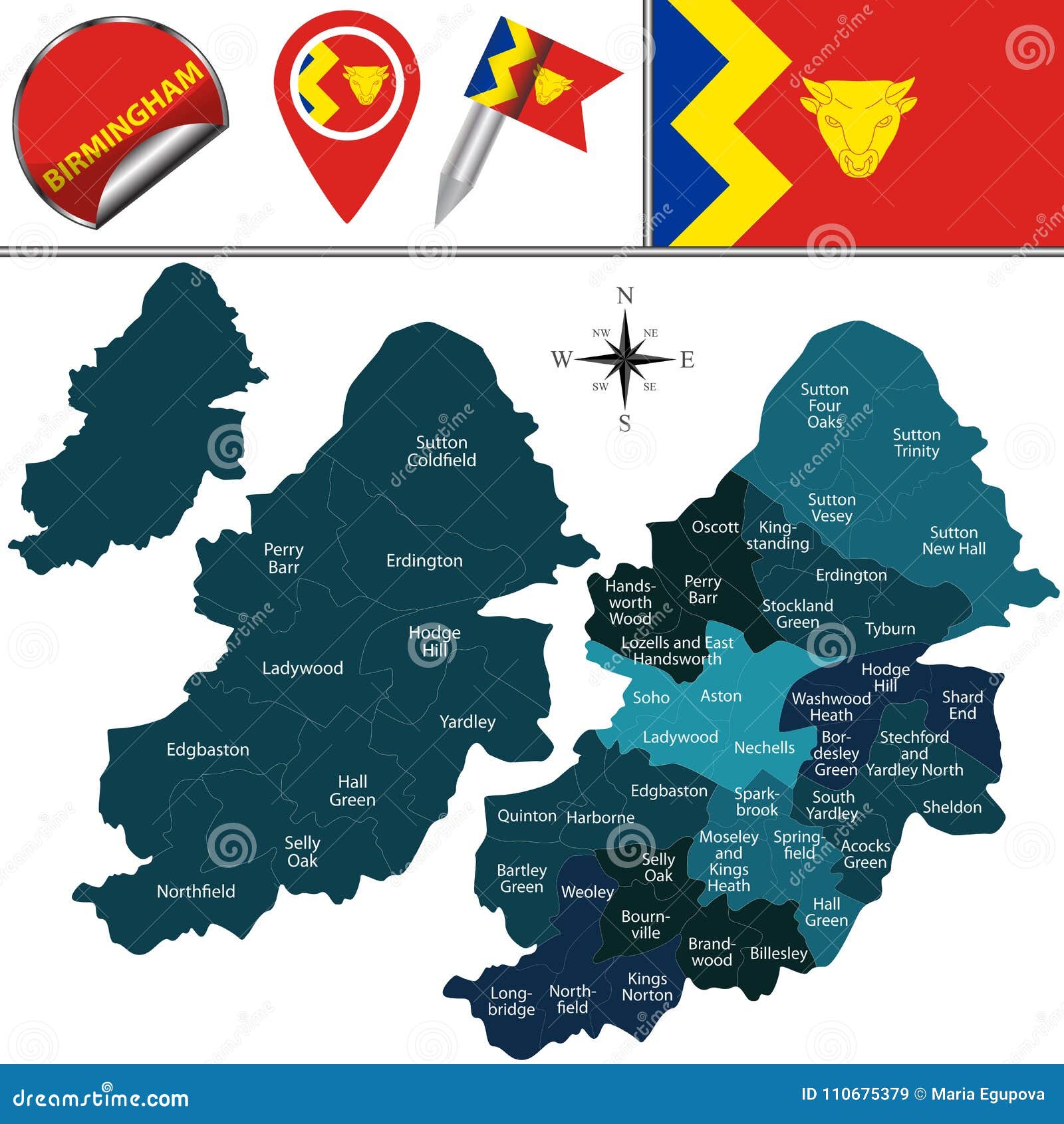 Map of Birmingham with Named Divisions Stock Vector - Illustration of ...
