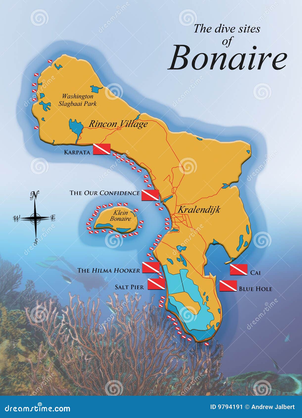 Map of Boanire Showing Dive Sites Stock Illustration - Illustration of ...