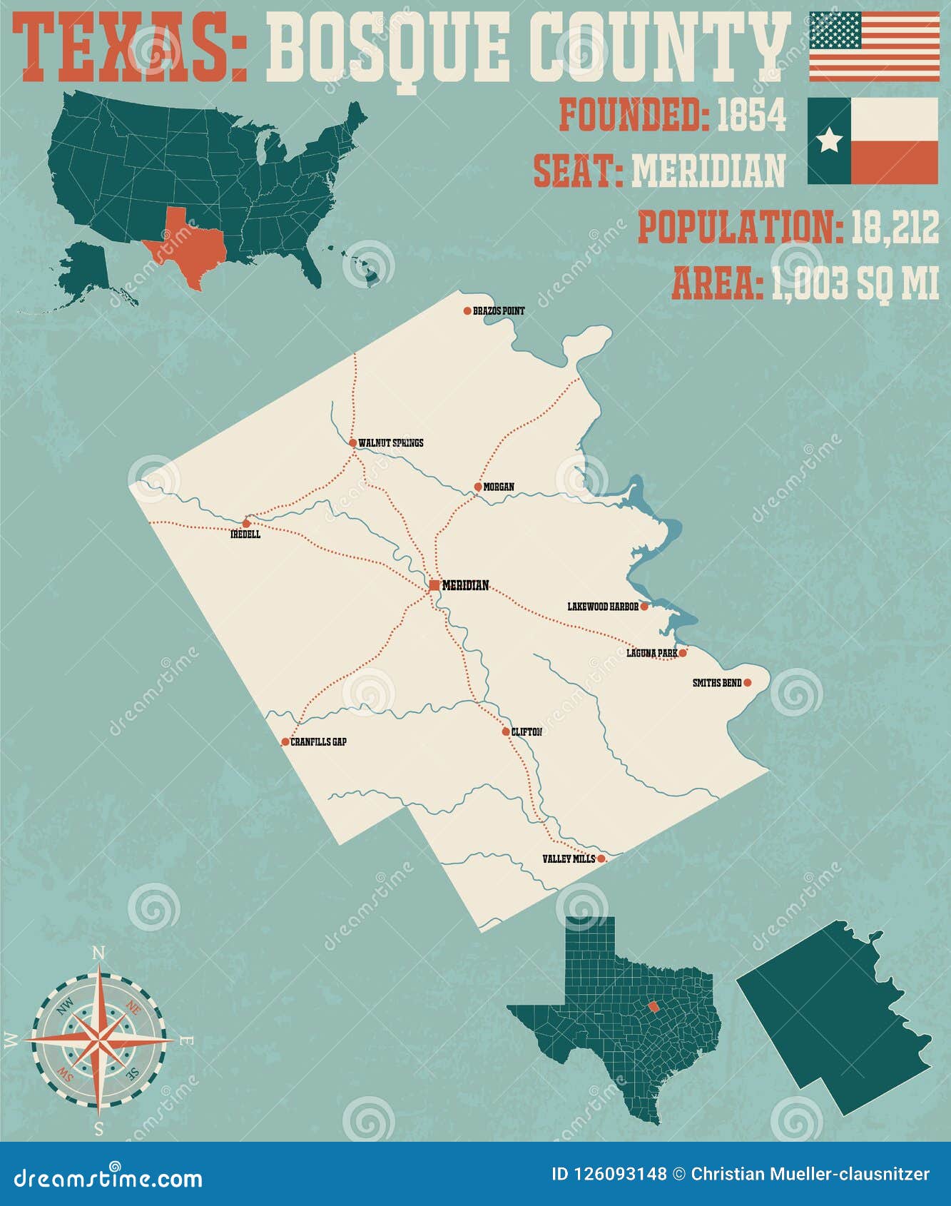 Map of Bosque County in Texas Stock Vector - Illustration of colorful ...