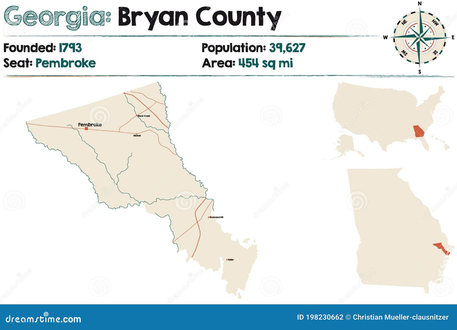 Map of Bryan County in Georgia Stock Vector - Illustration of ...