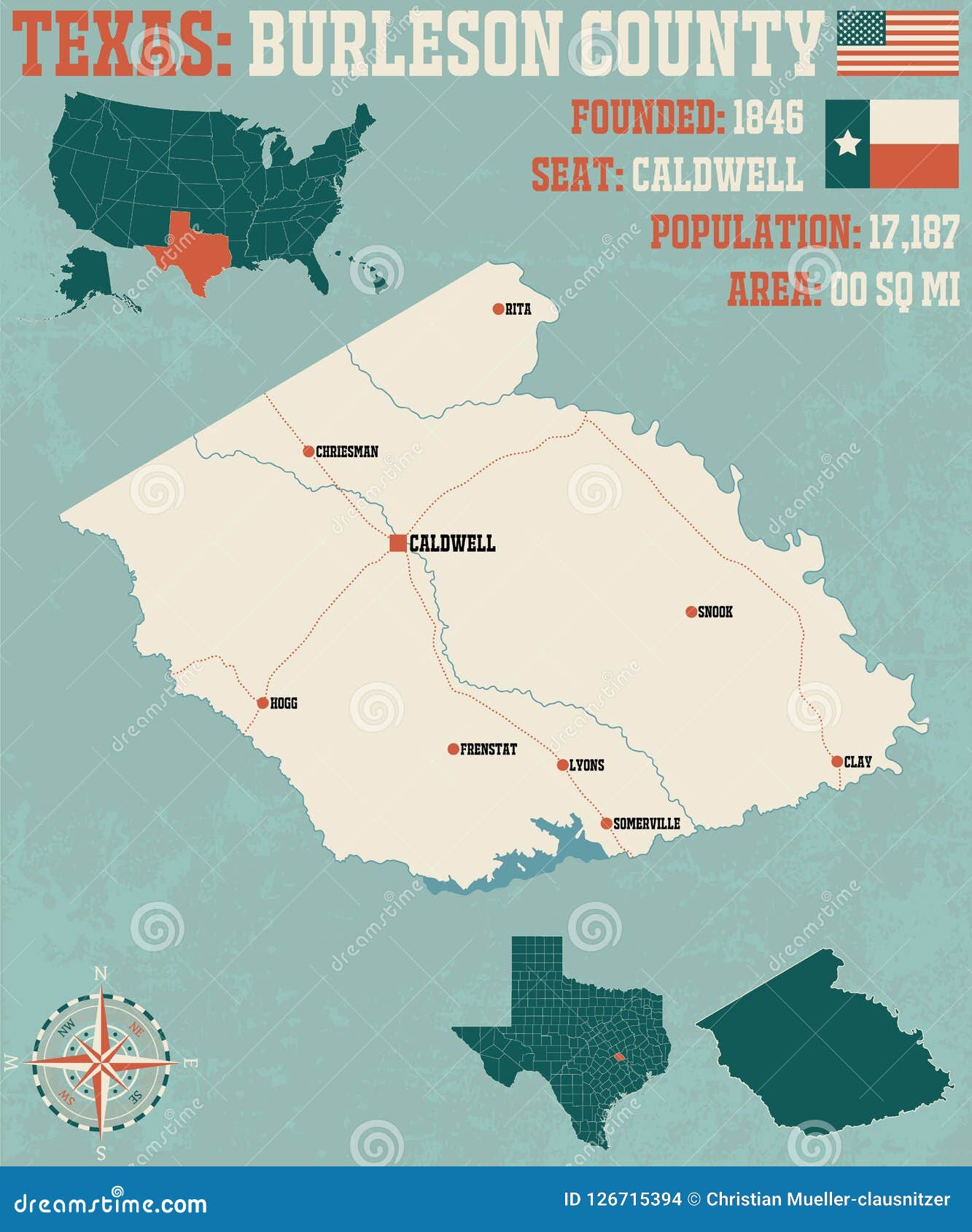 Map of Burleson County in Texas Stock Vector - Illustration of colorful ...