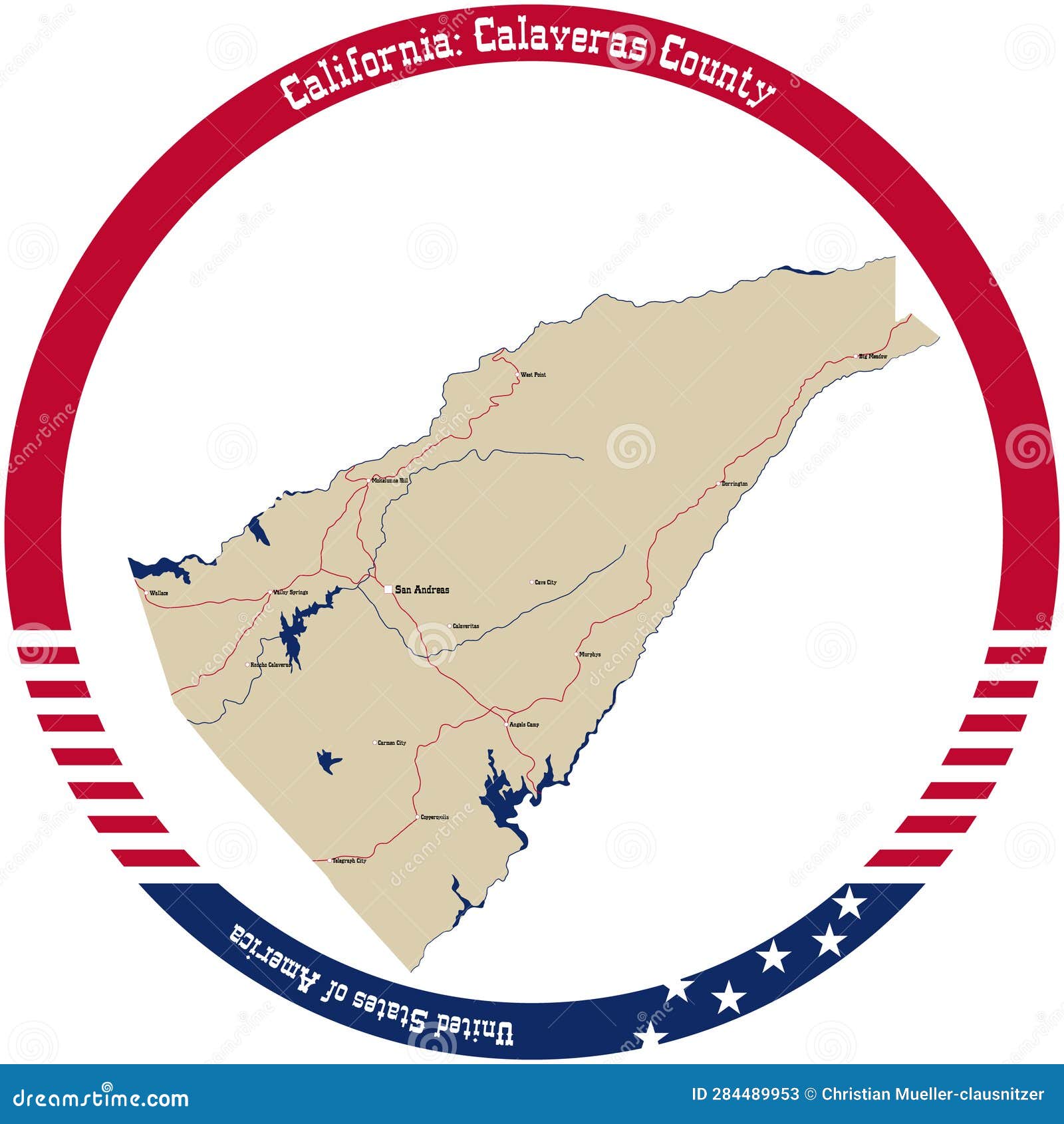 Map of Calaveras County in California, USA Stock Vector - Illustration ...