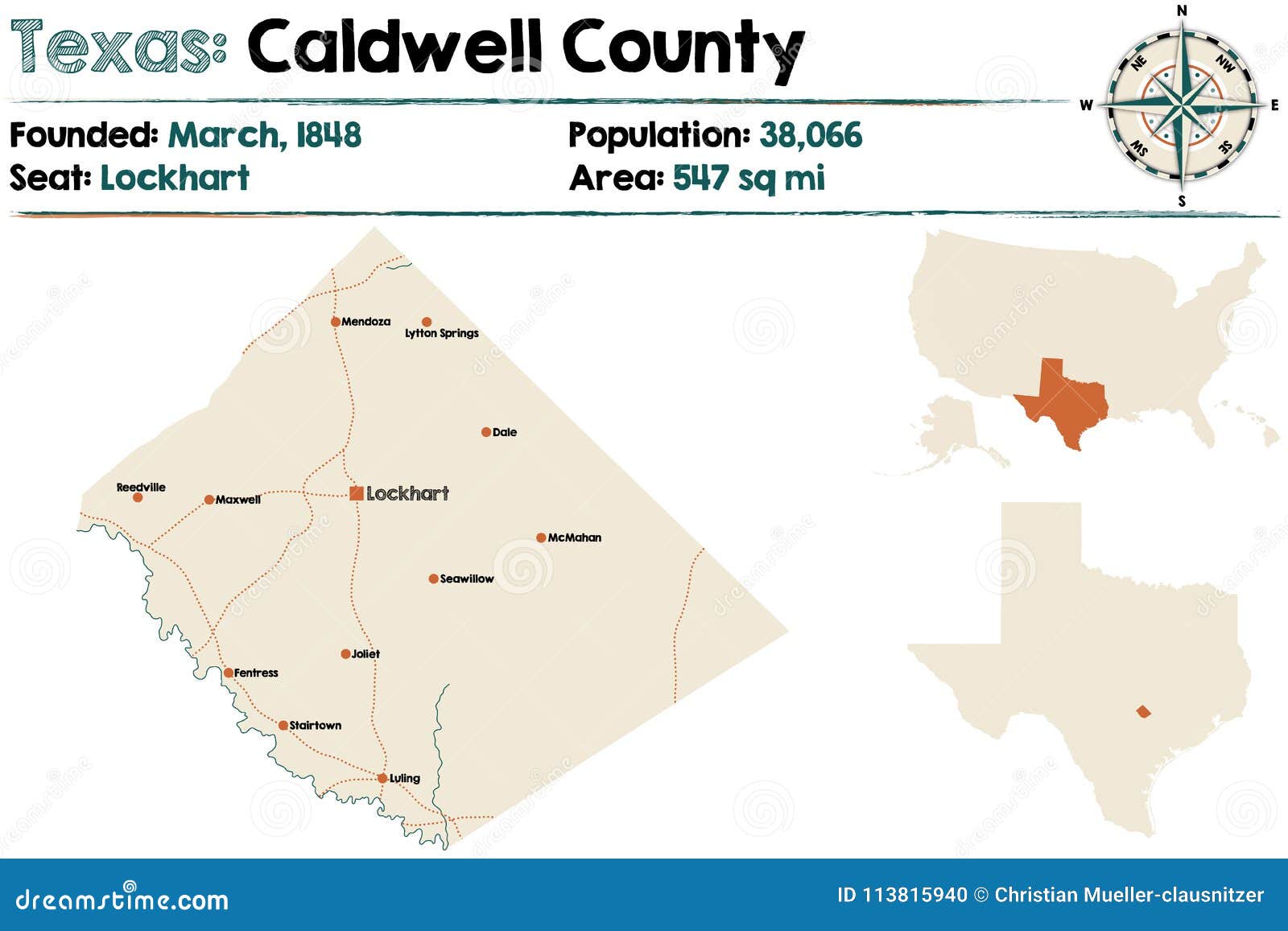 Map of Caldwell County in Texas Stock Vector - Illustration of rivers ...
