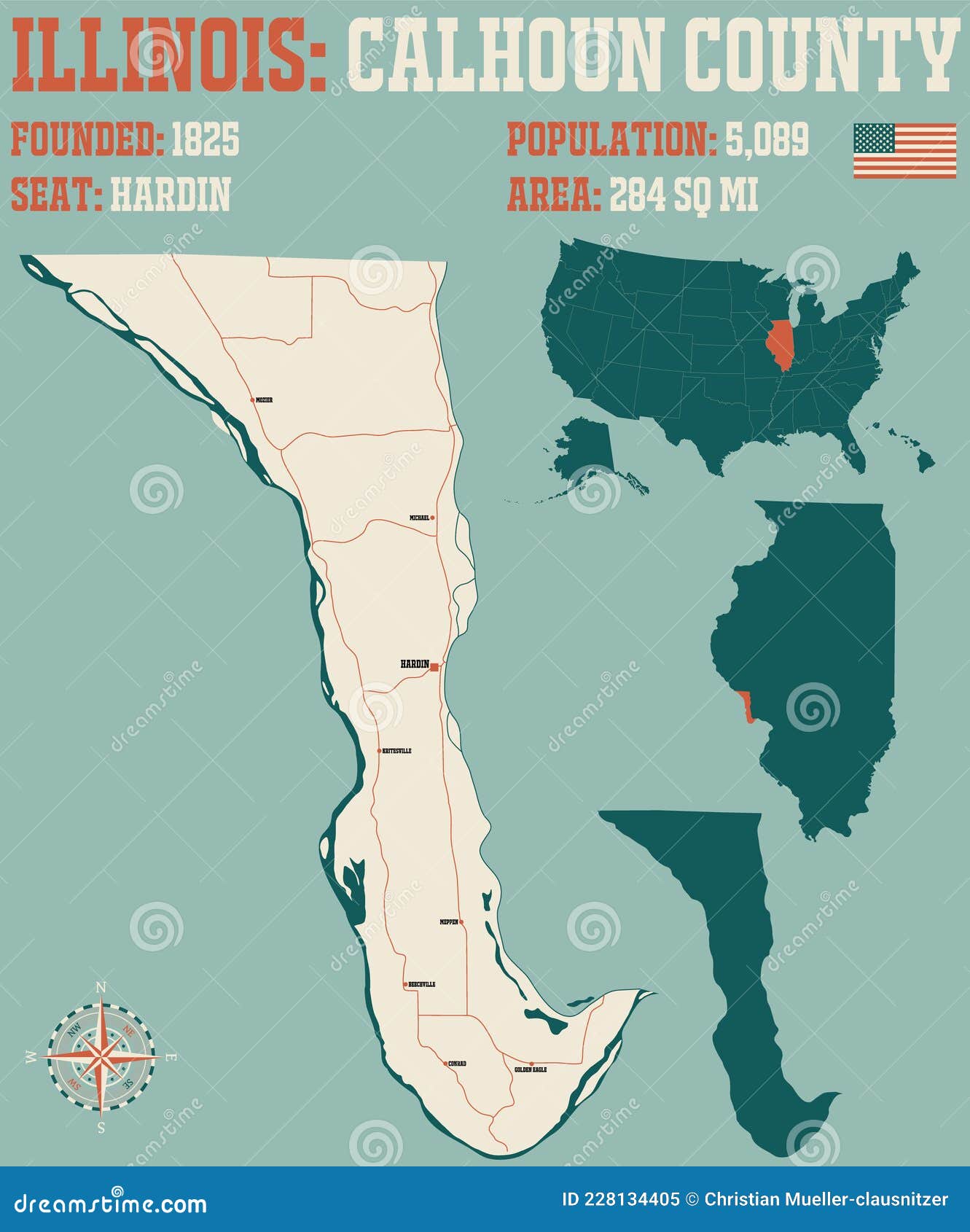 Map of Calhoun County in Illinois Stock Vector - Illustration of ...