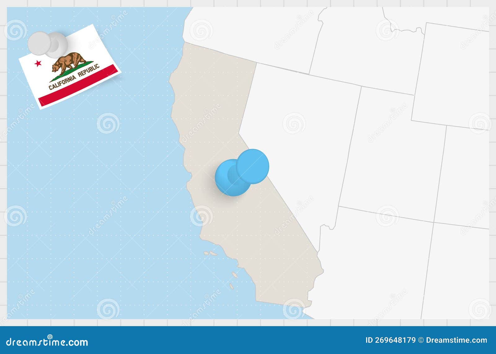 Map of California with a Pinned Blue Pin. Pinned Flag of California ...