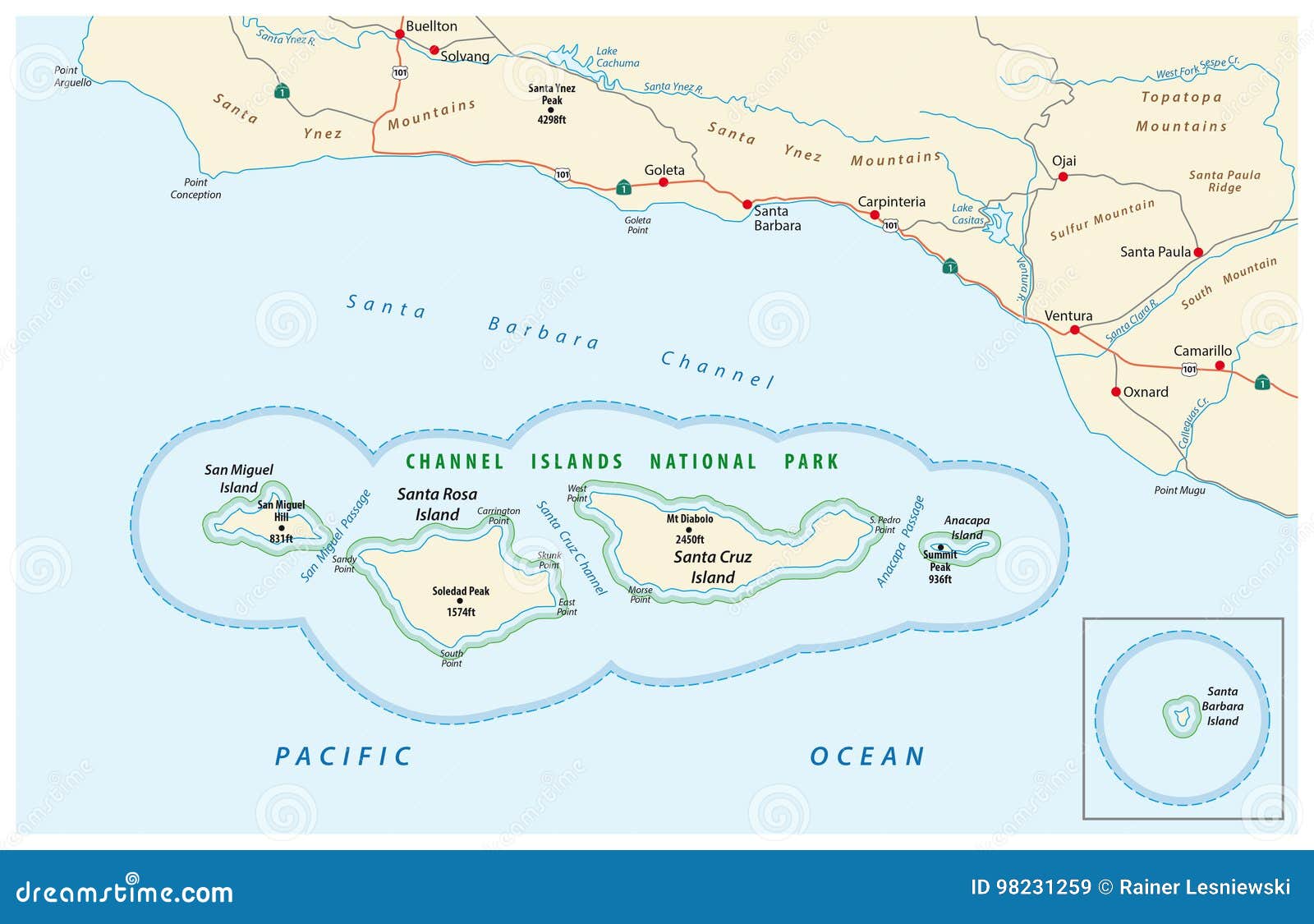 Map of the Channel Islands National Park Stock Vector - Illustration of ...