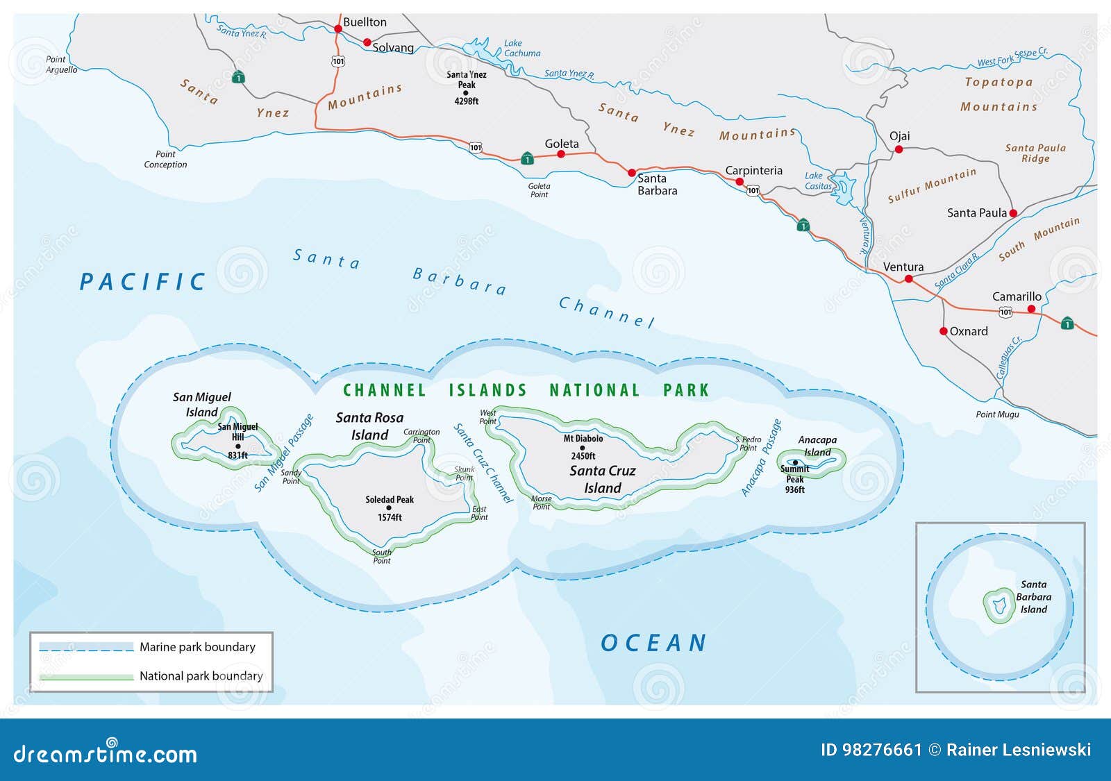 Map of the Channel Islands National Park Stock Vector - Illustration of ...