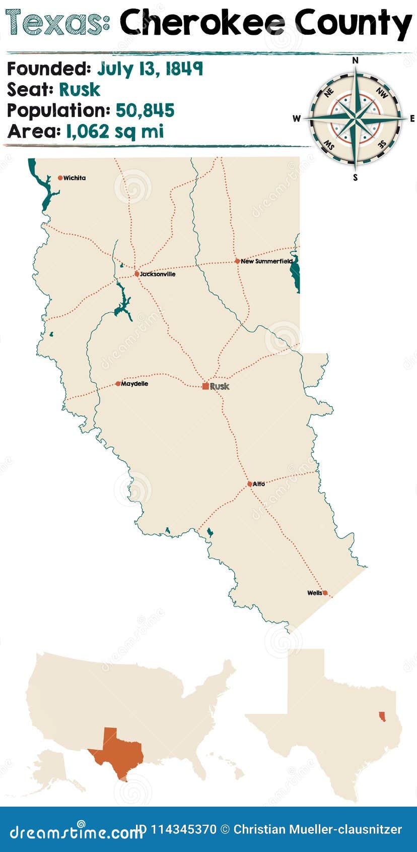 Map of Cherokee County in Texas Stock Vector - Illustration of united ...
