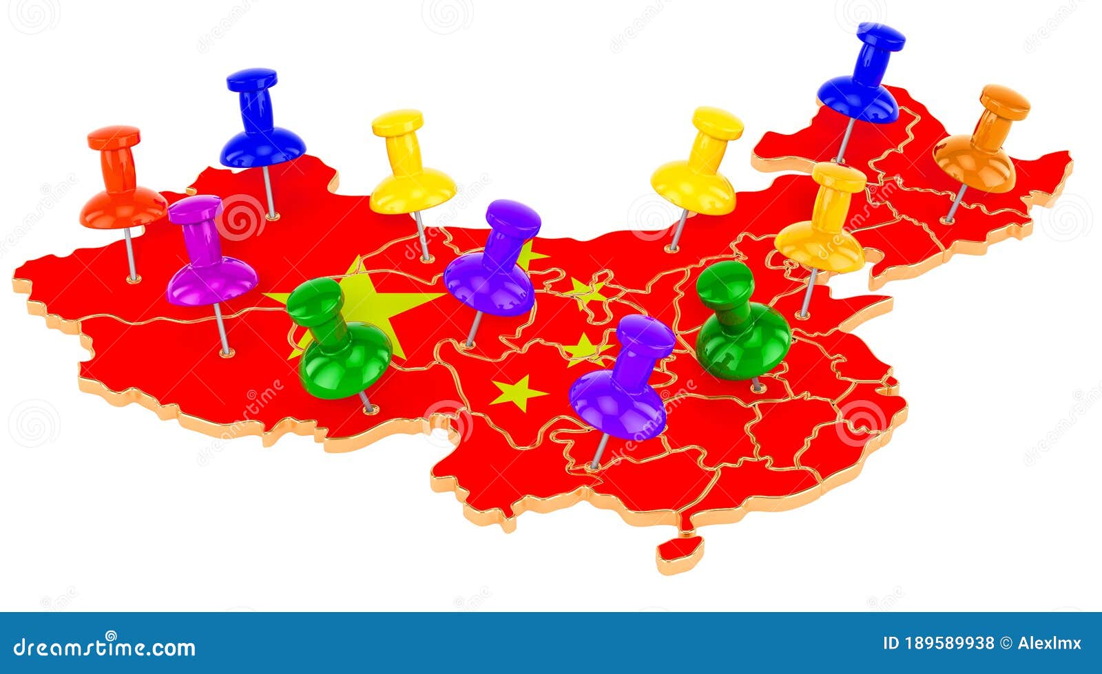 Map of China with Colored Push Pins, 3D Rendering Stock Illustration ...