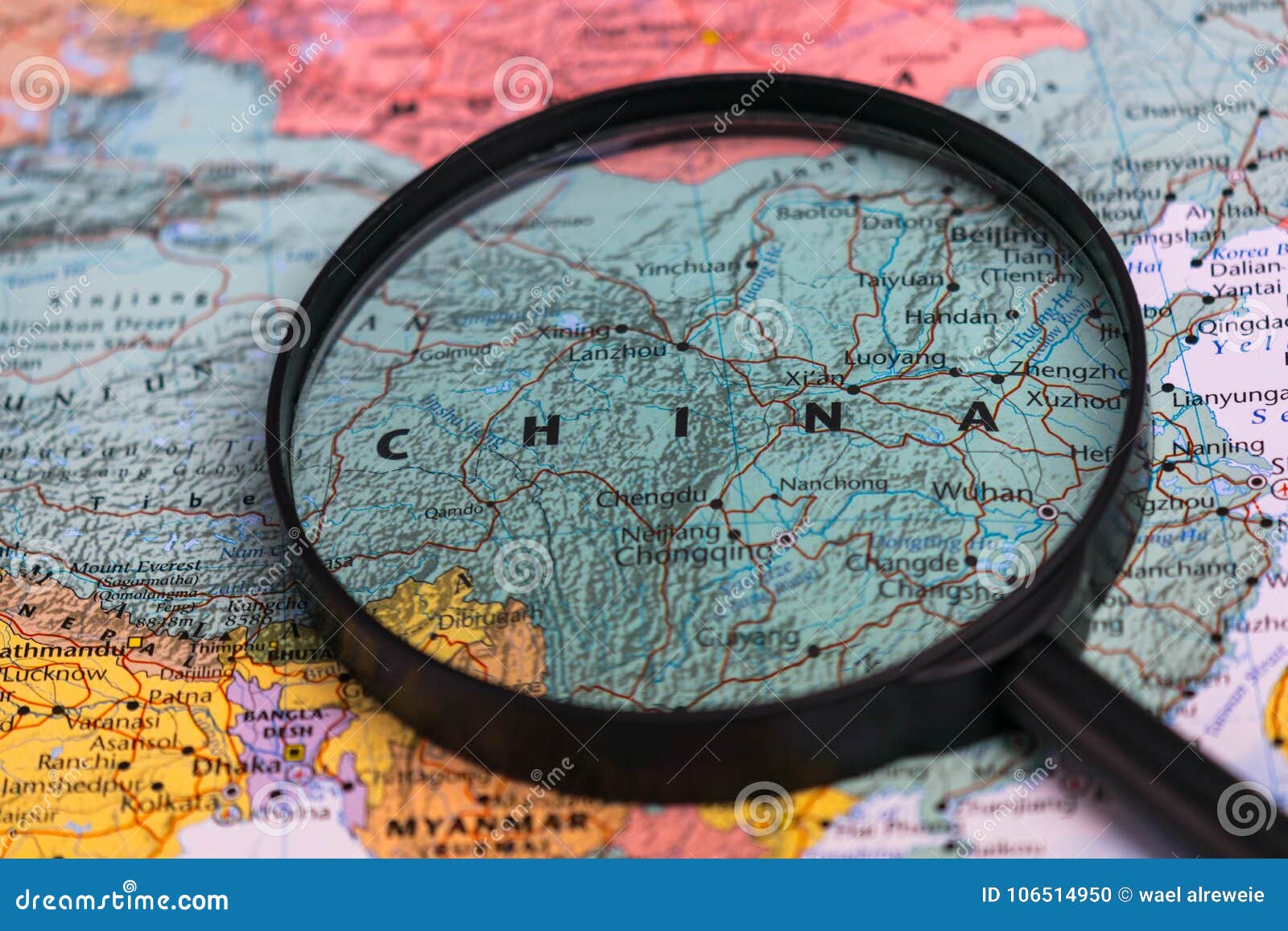 Map of China through Magnifying Glass on a World Map. Stock Photo ...