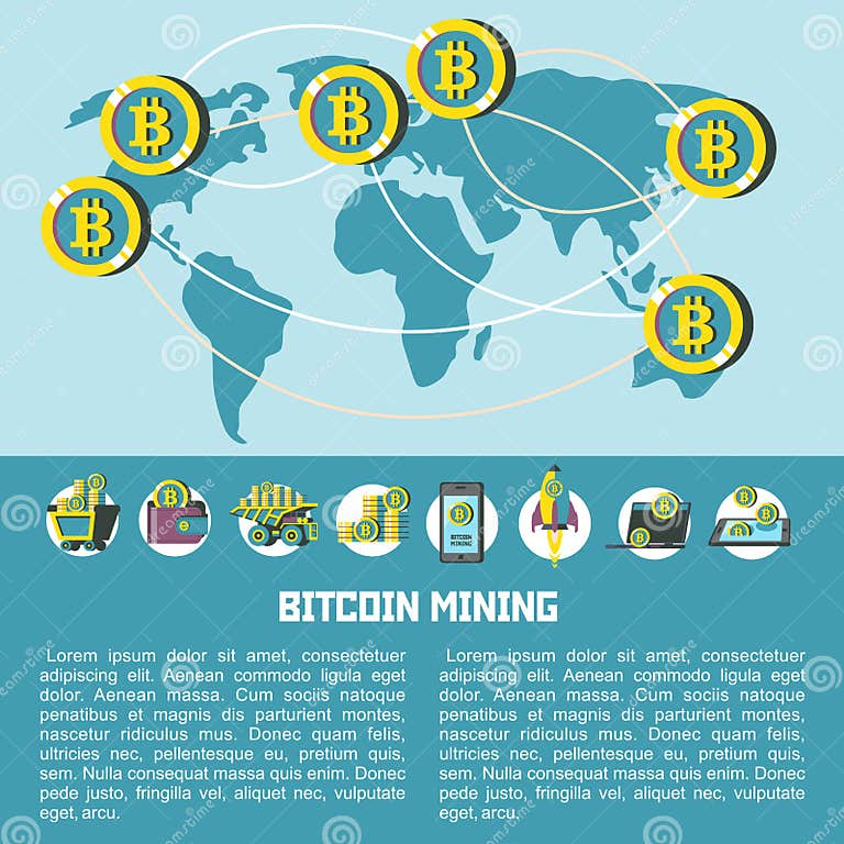Bitcoin Mining. Map of Circulation of Bitcoins. Vector Illustration ...