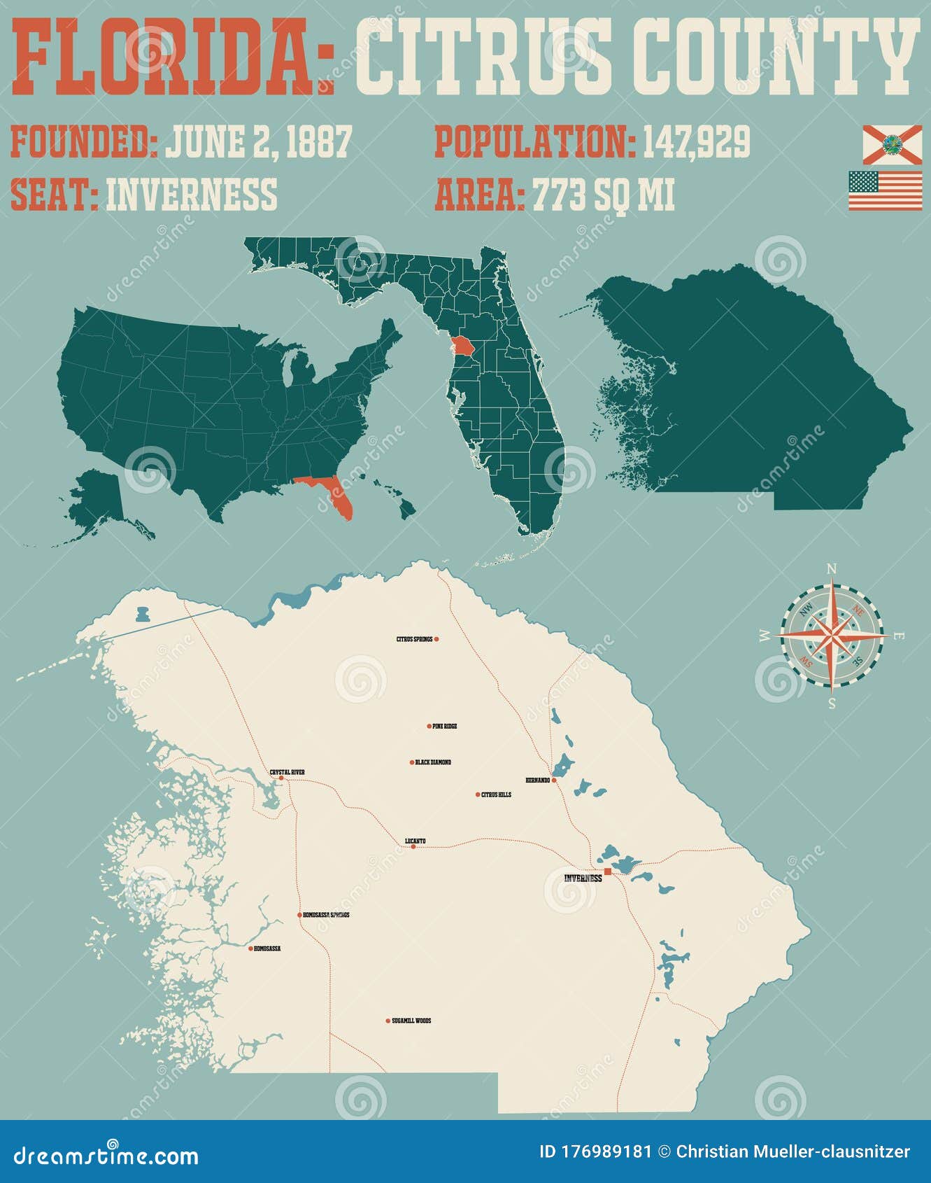 Map of Citrus County in Florida Stock Vector - Illustration of blue ...