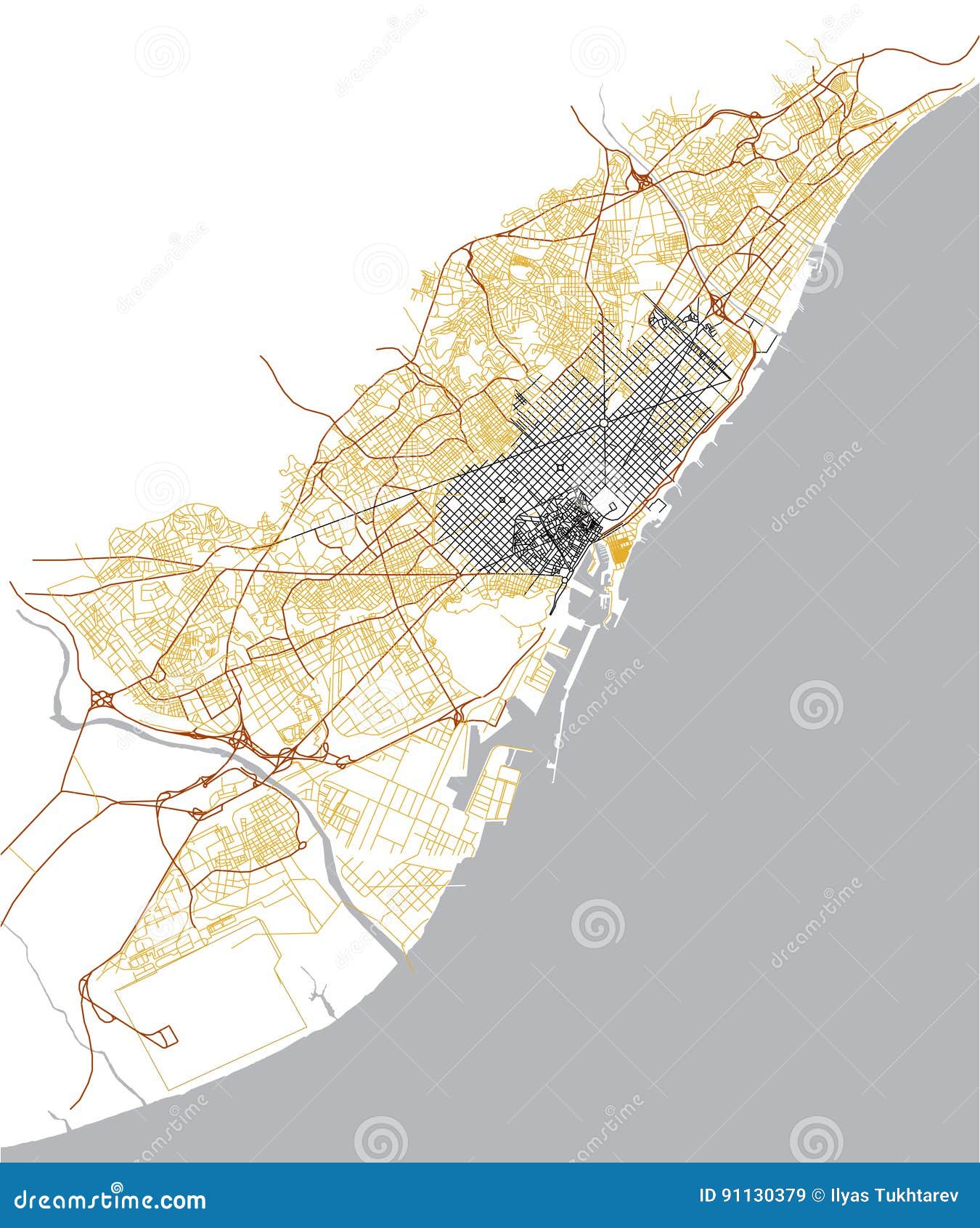 City Map Of Barcelona. Vector Elevation Map Of Town. Generated ...