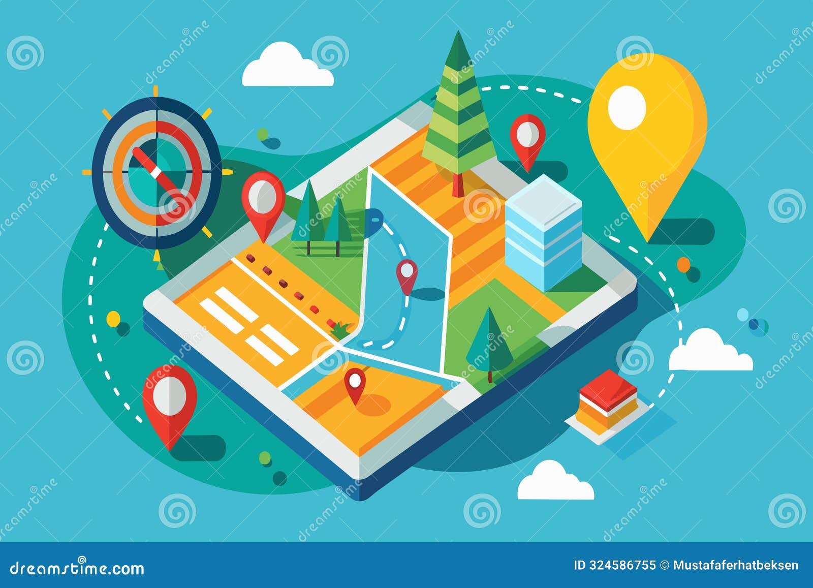 A Map of a City with a Compass and a Bunch of Markers on it Stock ...