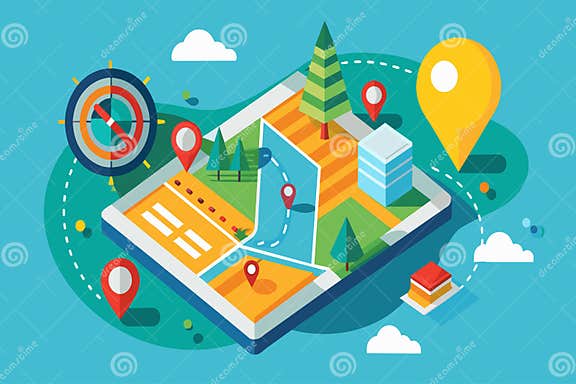 A Map of a City with a Compass and a Bunch of Markers on it Stock ...