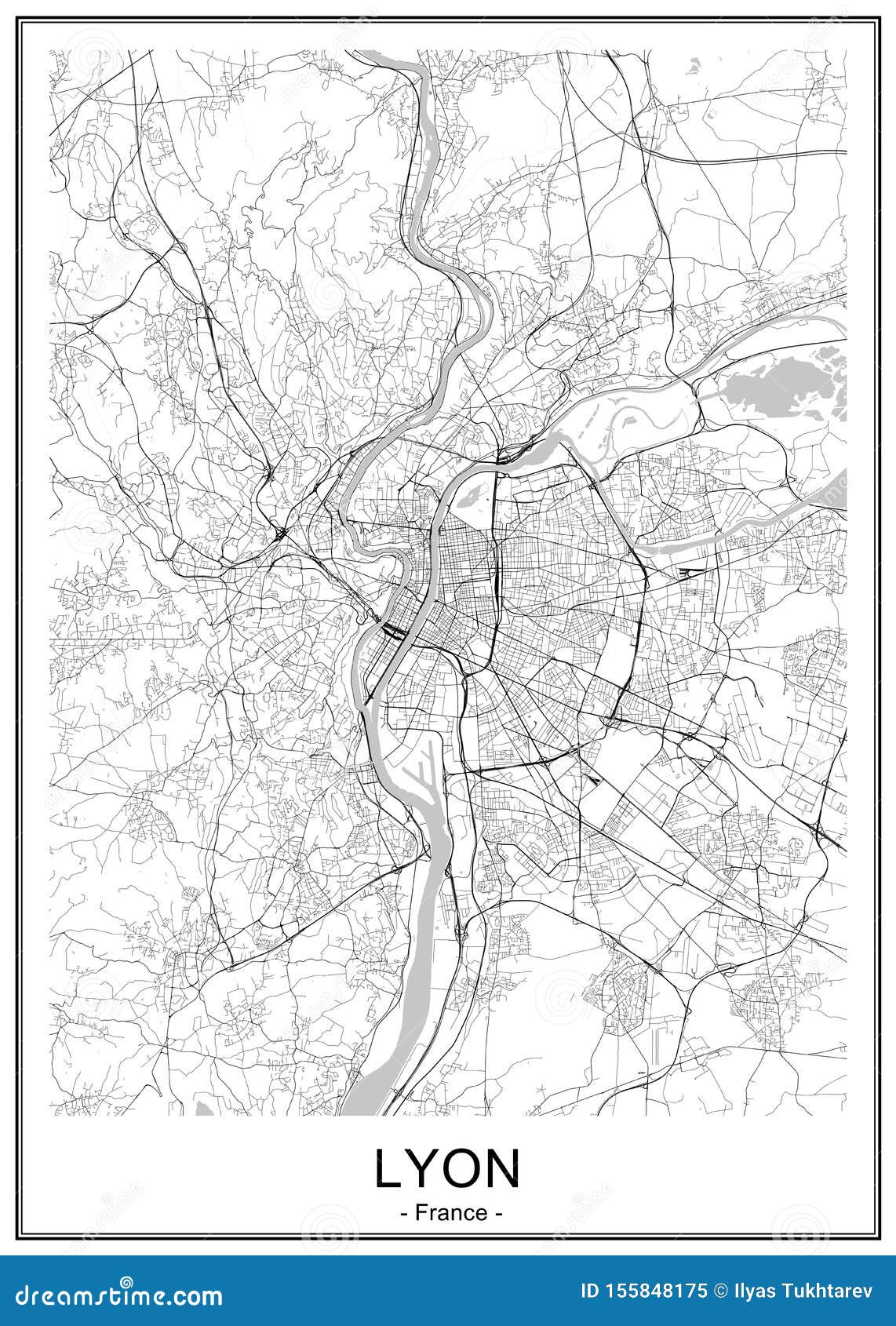 Map of the City of Lyon, France Stock Illustration - Illustration of ...