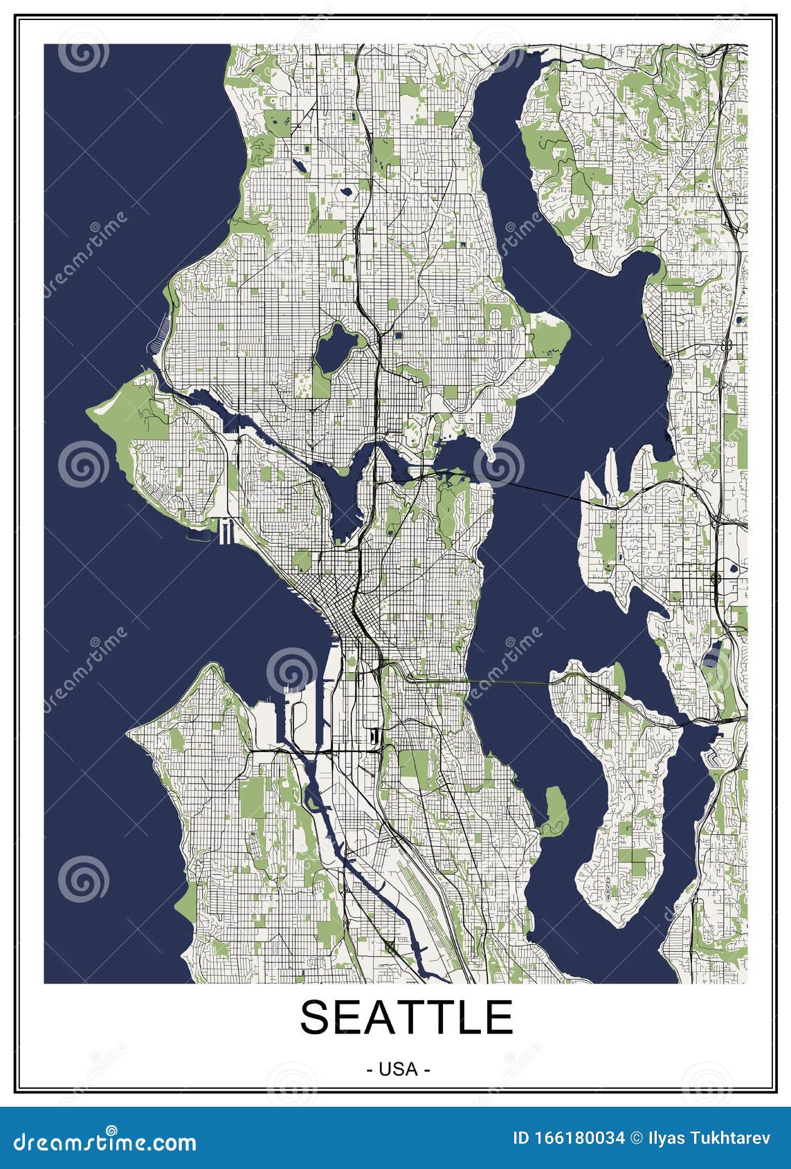 Map of the City of Seattle, Washington, USA Stock Vector - Illustration ...