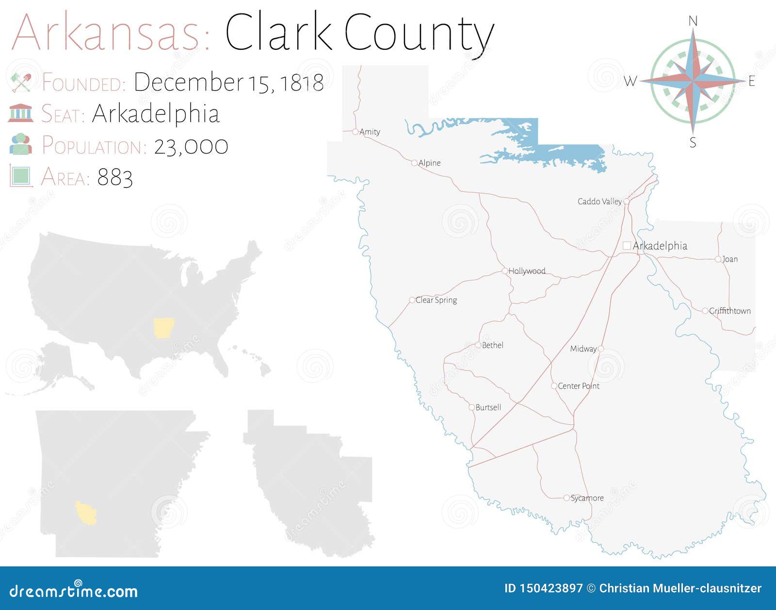 Map of Clark County in Arkansas Stock Vector - Illustration of blue ...