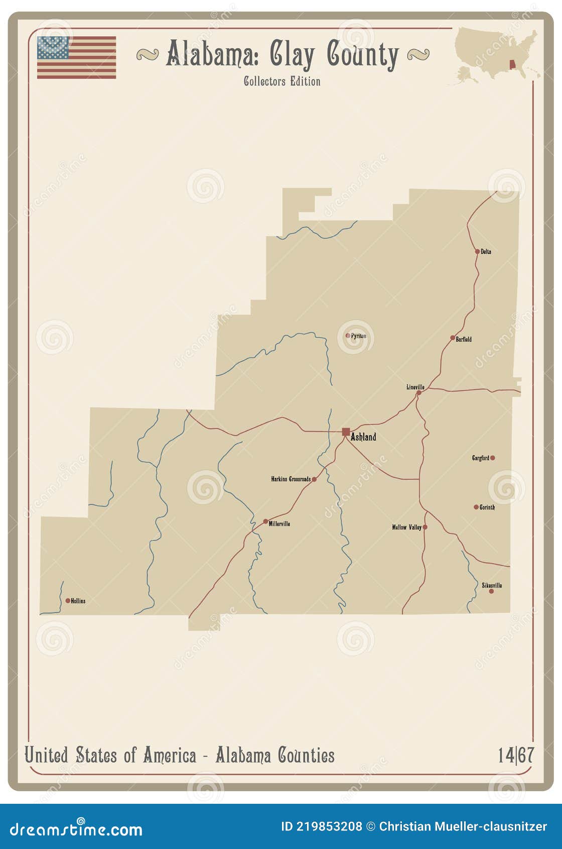 Map of Clay County in Alabama Stock Vector - Illustration of road, sign ...