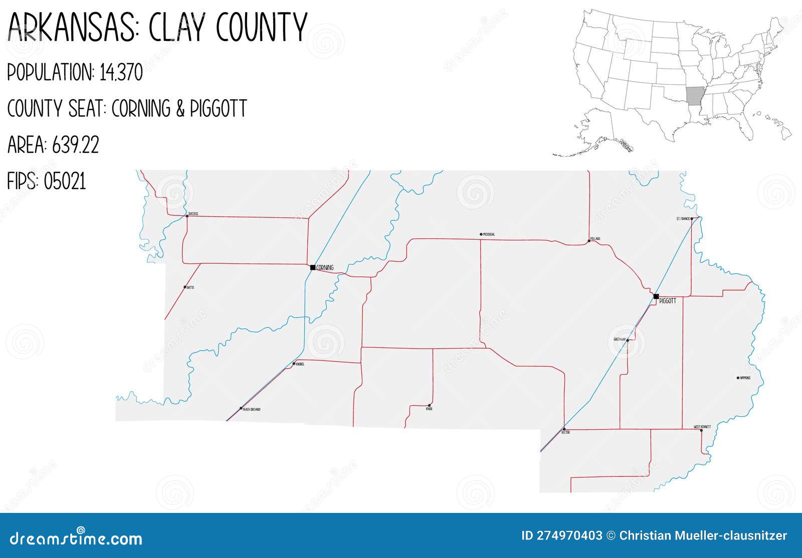 Map of Clay County in Arkansas, USA. Stock Vector - Illustration of ...