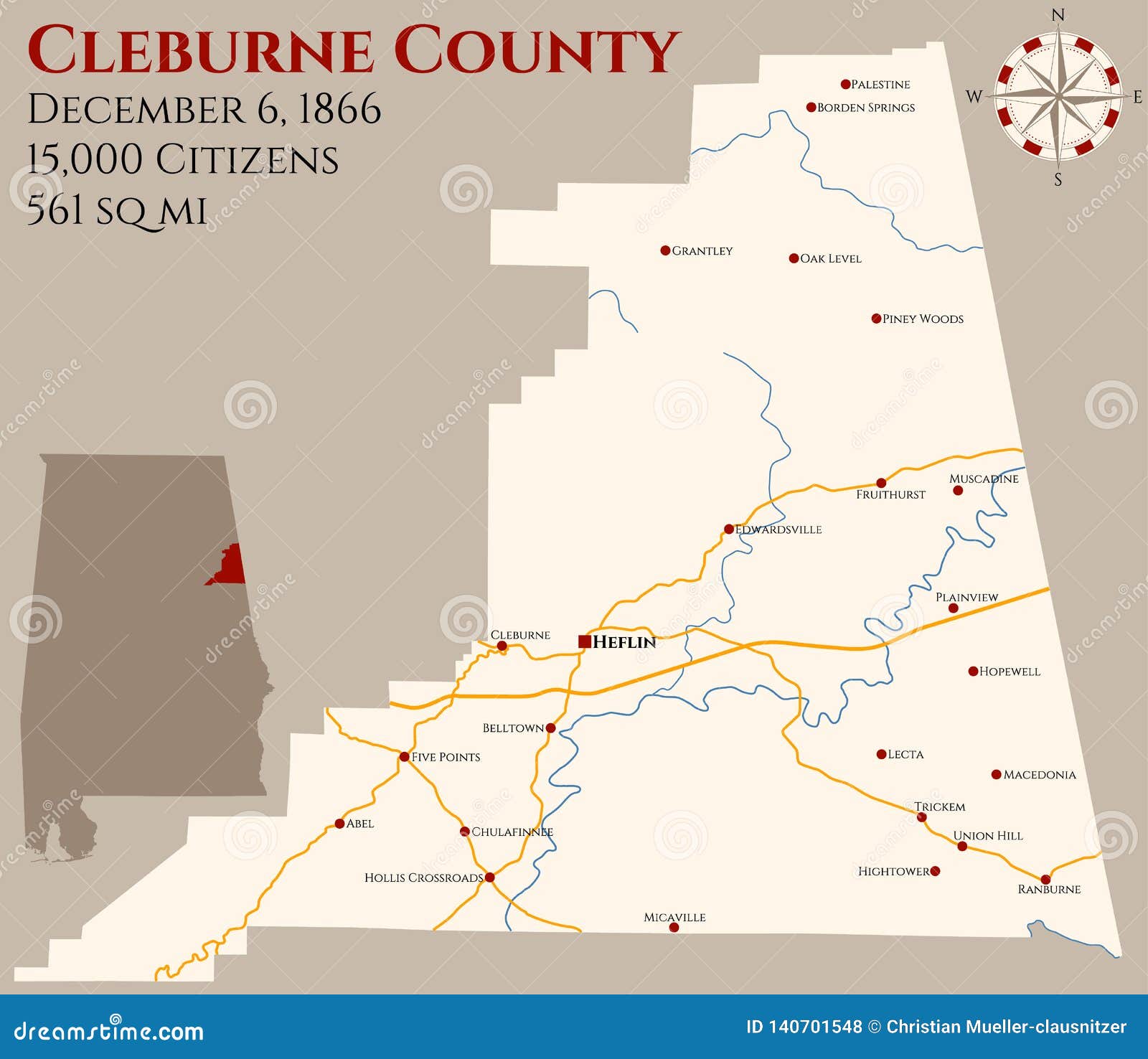Map of Cleburne County in Alabama Stock Vector - Illustration of ...