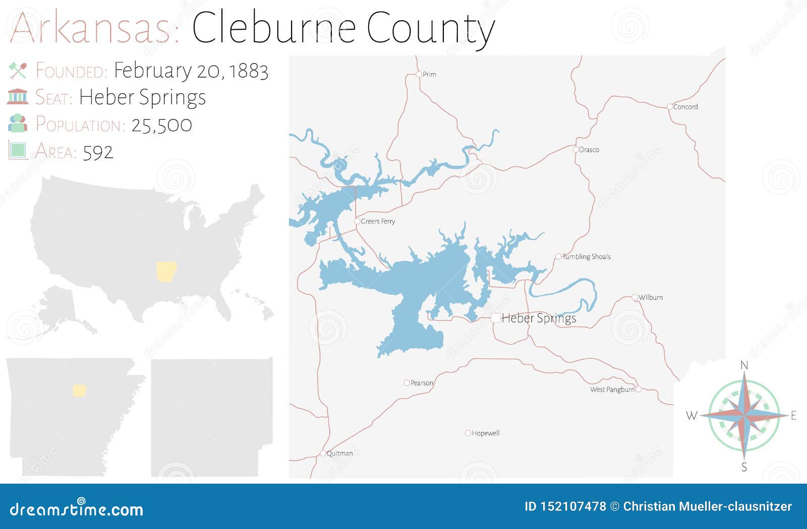 Map of Cleburne County in Arkansas Stock Vector - Illustration of ...