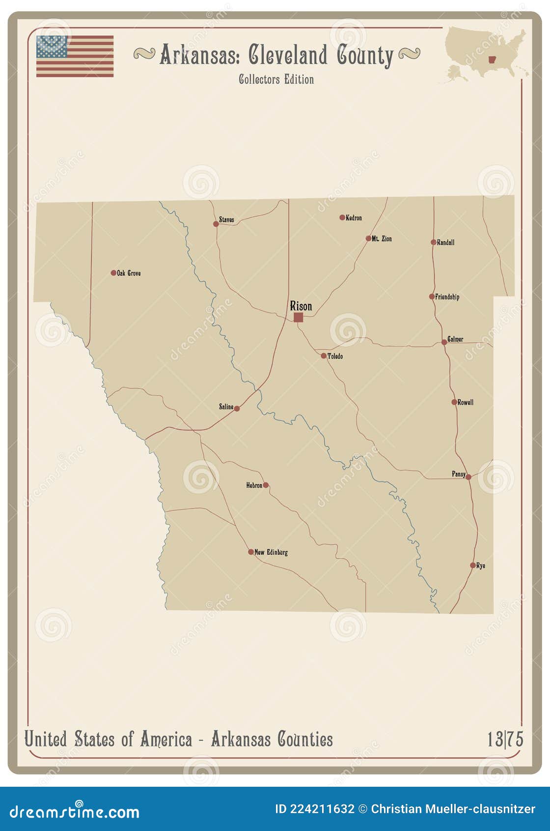Map of Cleveland County in Arkansas Stock Vector - Illustration of ...