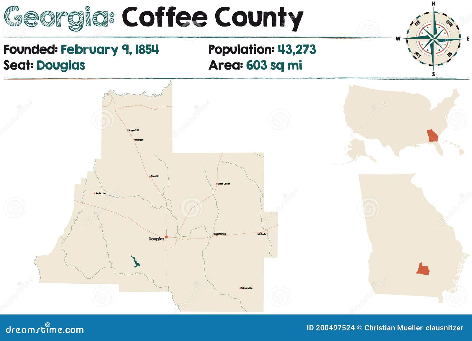 Map of Coffee County in Georgia Stock Vector - Illustration of highway ...