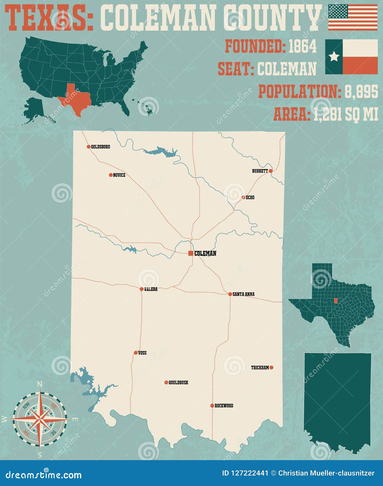 Map Of Coleman County In Texas State On White Background. Single County ...