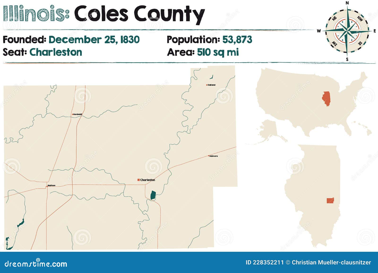 Map of Coles County in Illinois Stock Vector - Illustration of roads ...