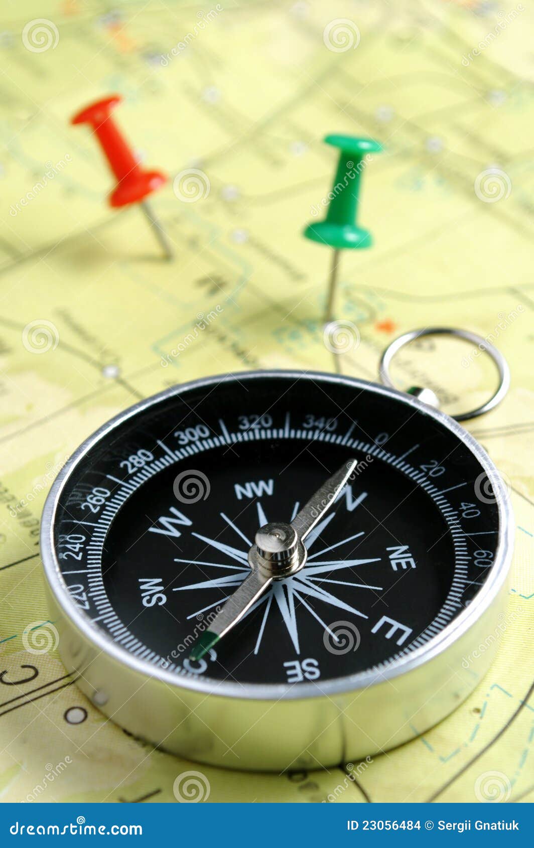 Set Of Map, Red Push Pin And Compass For Successful Traveler Royalty ...