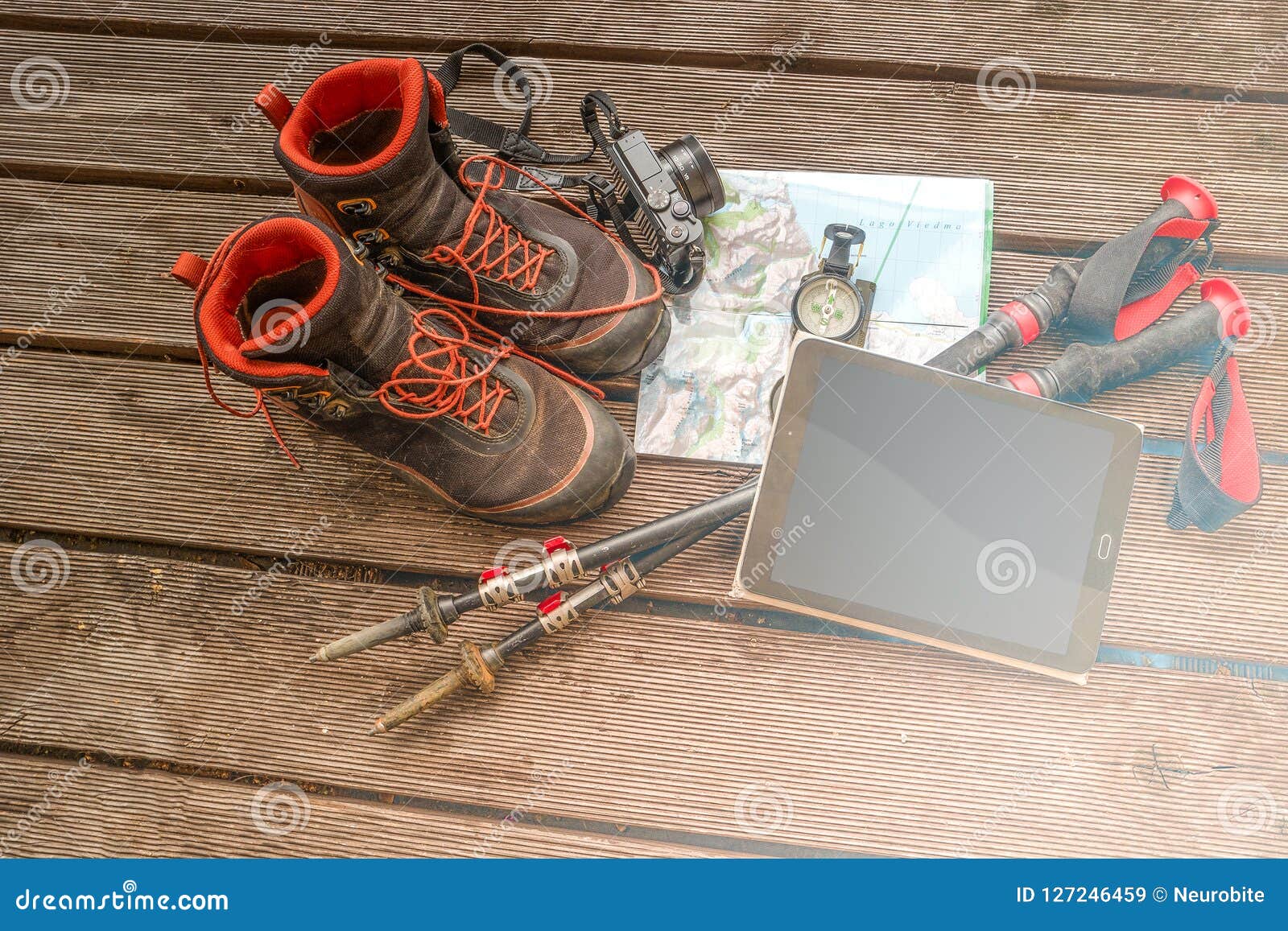 Map, Compass, Camera, Touchpad and Hiking Poles and Boots for Tr Stock ...