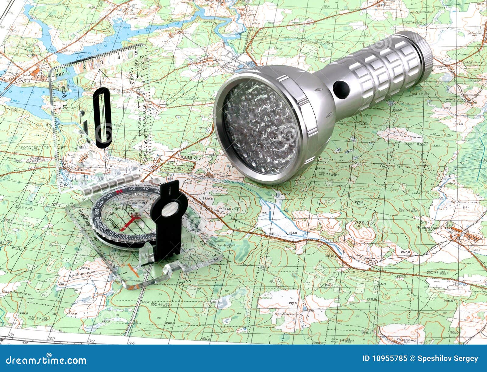 Map, Compass and Flashlight Stock Image - Image of travel, light: 10955785