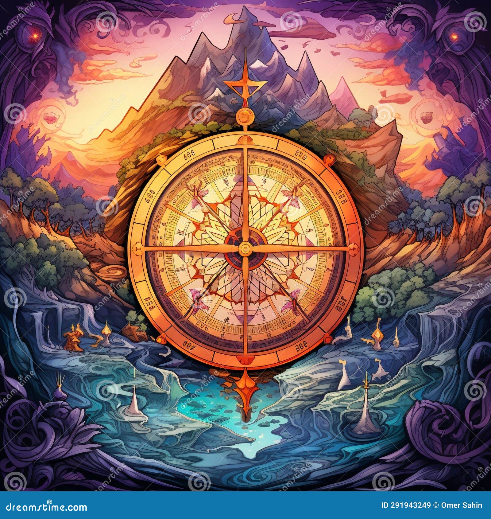 Map and Compass Merge into Fantastical Landscape Stock Image - Image of ...