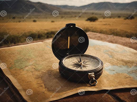Map and Compass Showing the Direction of the Safari Route. Stock ...