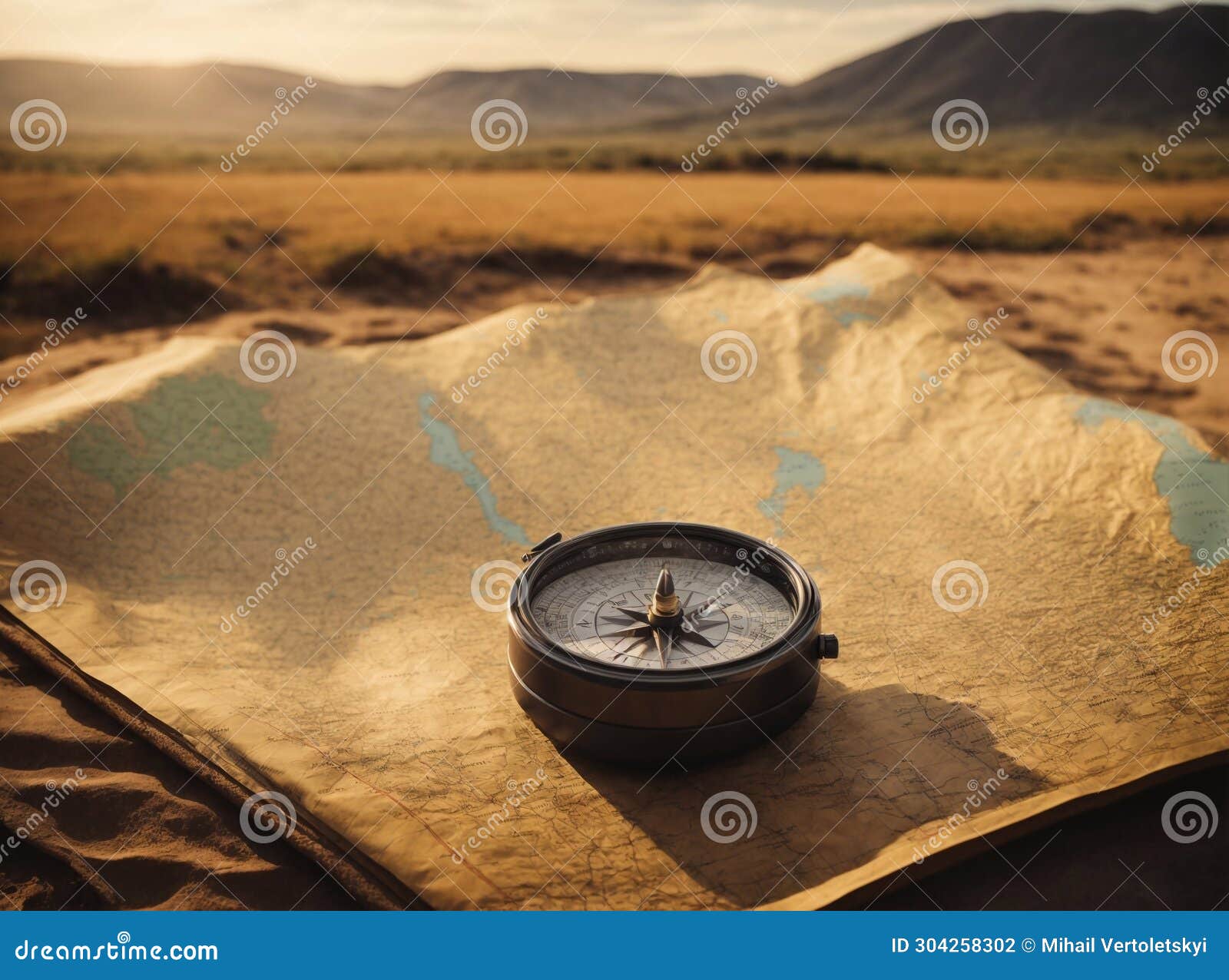 Map and Compass Showing the Direction of the Safari Route. Stock ...