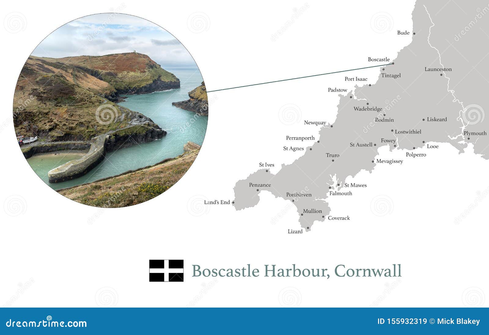 Map of Cornwall, Featuring Photographic Image of Boscastle Harbour, and ...