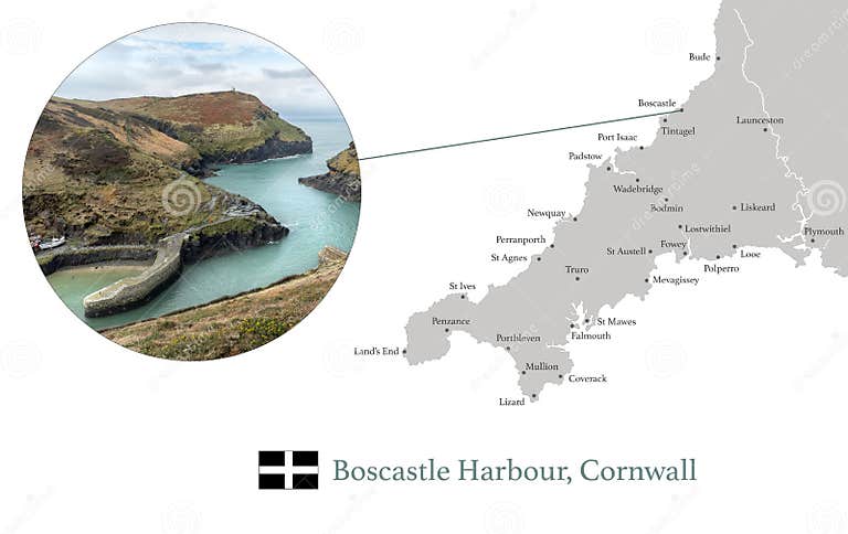 Map of Cornwall, Featuring Photographic Image of Boscastle Harbour, and ...