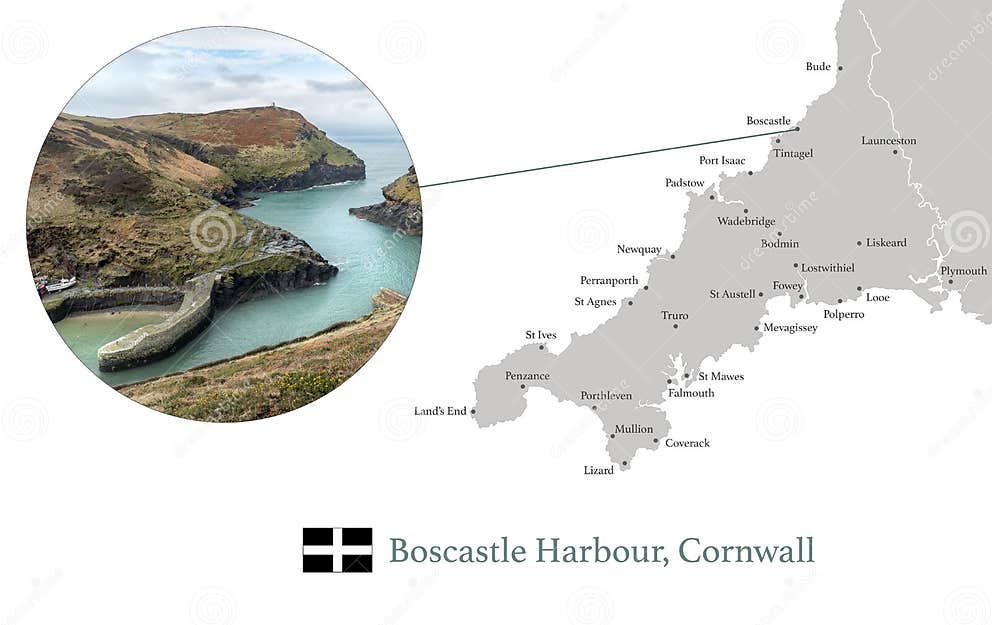 Map of Cornwall, Featuring Photographic Image of Boscastle Harbour, and ...