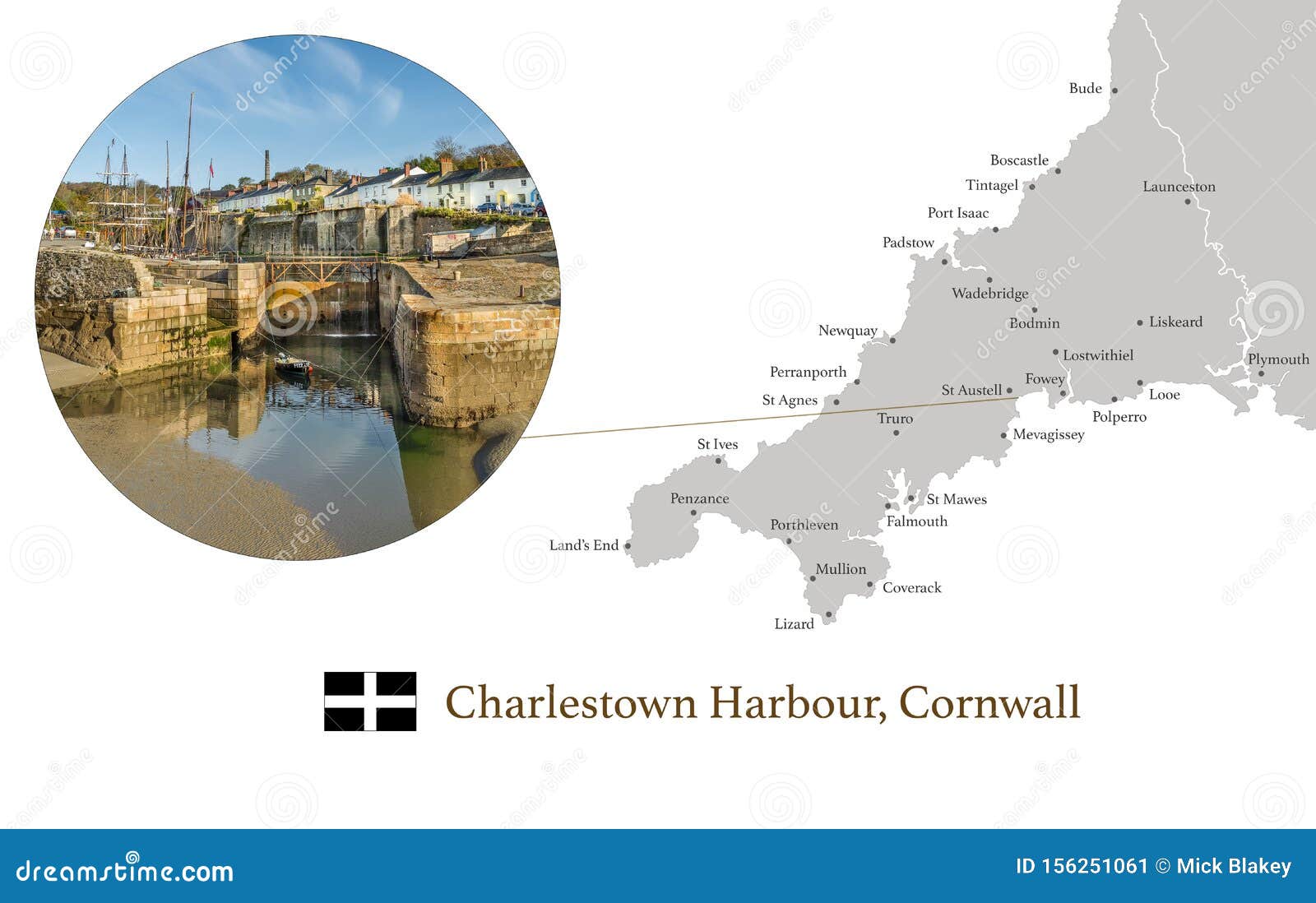 Map of Cornwall, Featuring Photographic Image of Charlestown Harbour ...