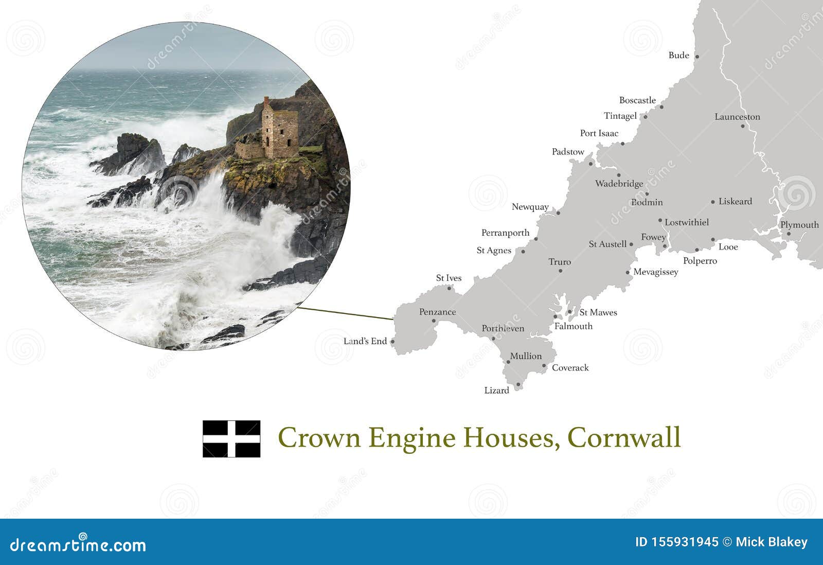 Map of Cornwall, Featuring Photographic Image of the Crown Engine House ...