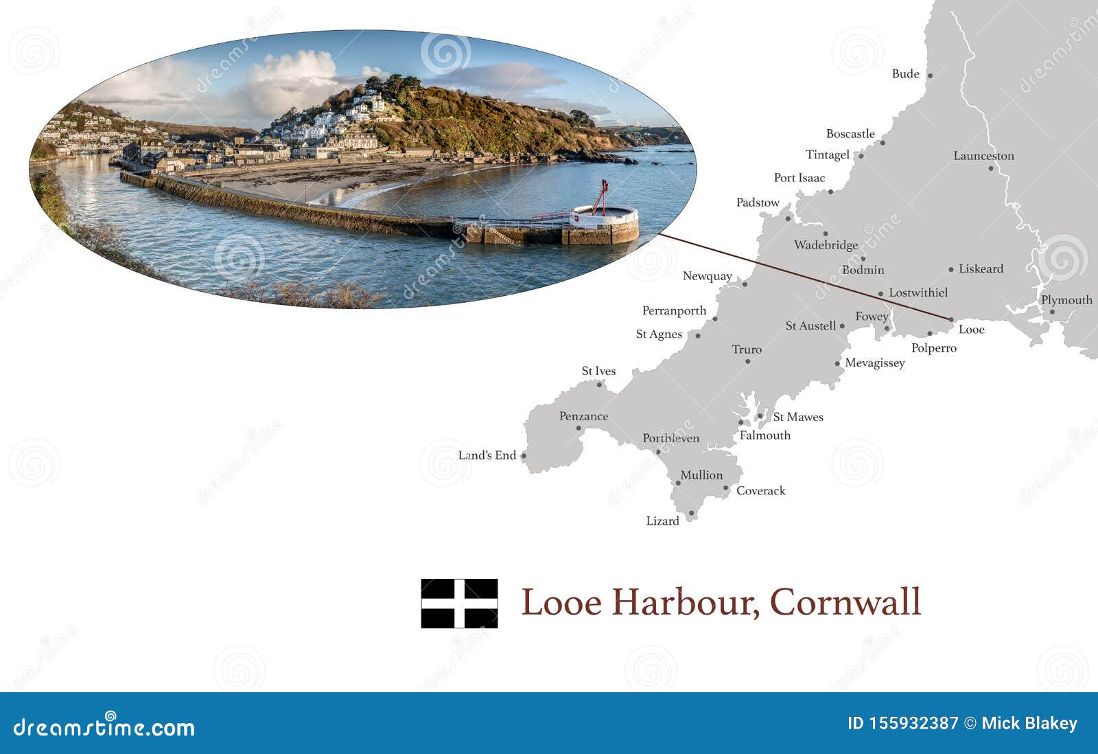 Map of Cornwall, Featuring Photographic Image of Looe Harbour, and Key ...