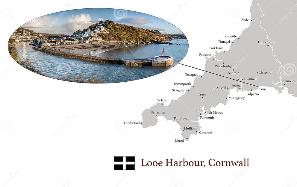 Map of Cornwall, Featuring Photographic Image of Looe Harbour, and Key ...
