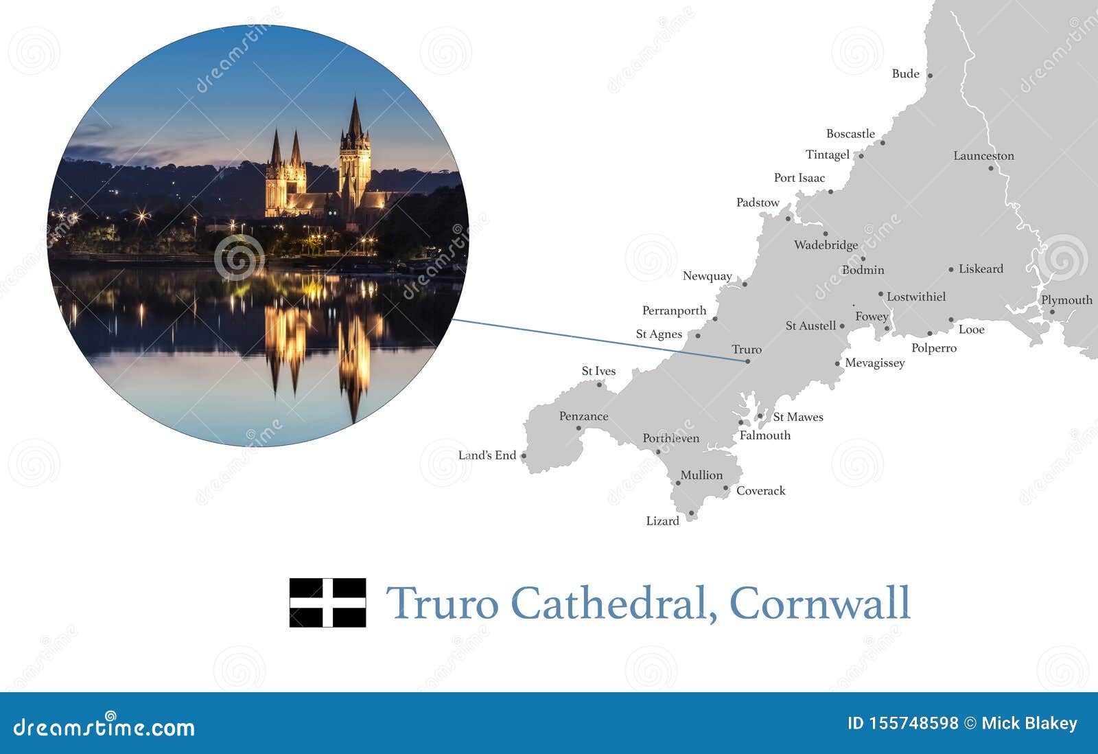 Map Of Cornwall, Featuring Photographic Image Of Godrevy Lighthouse ...