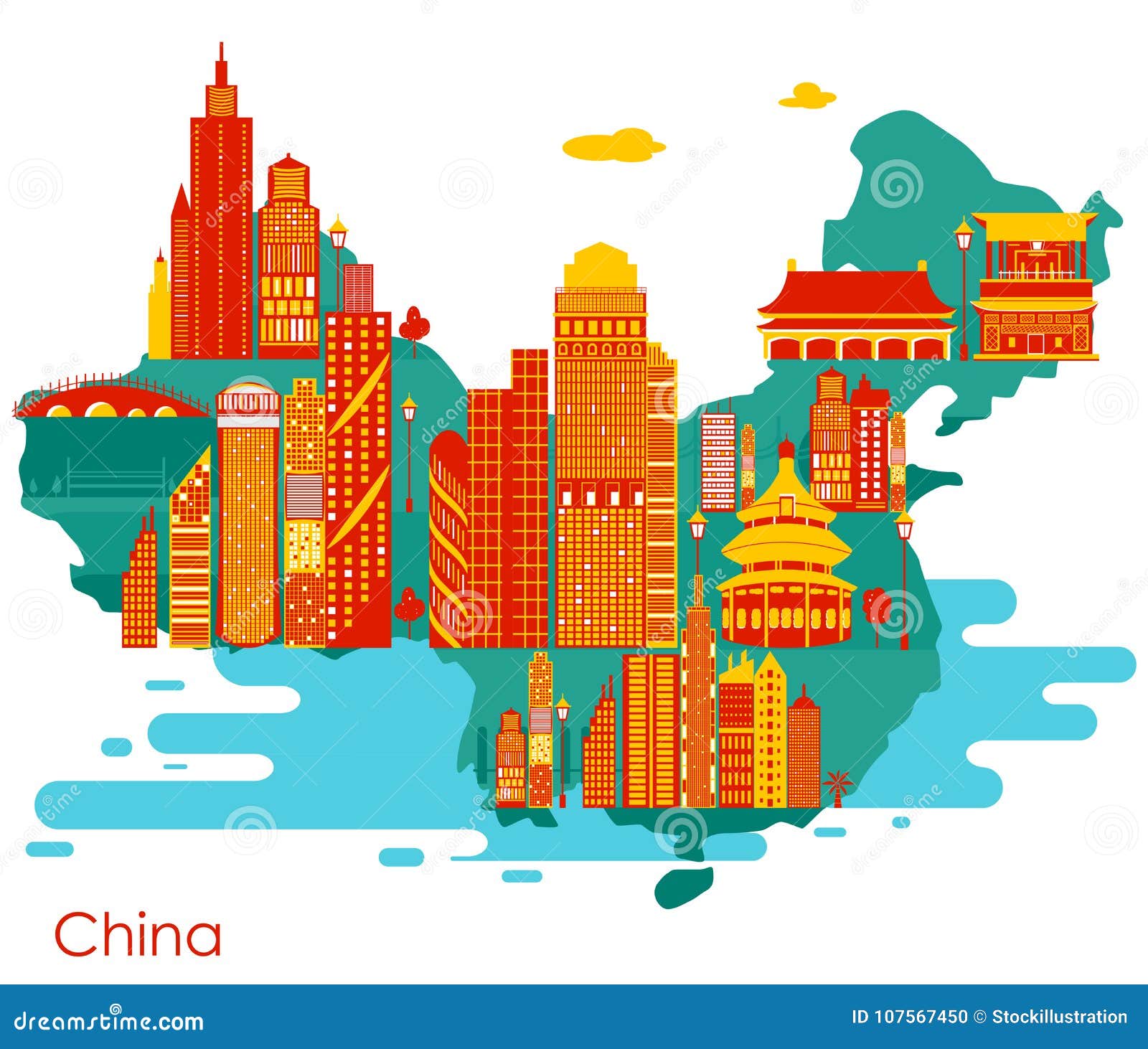 Map of Country China with Building and Famous Monument Stock Vector ...