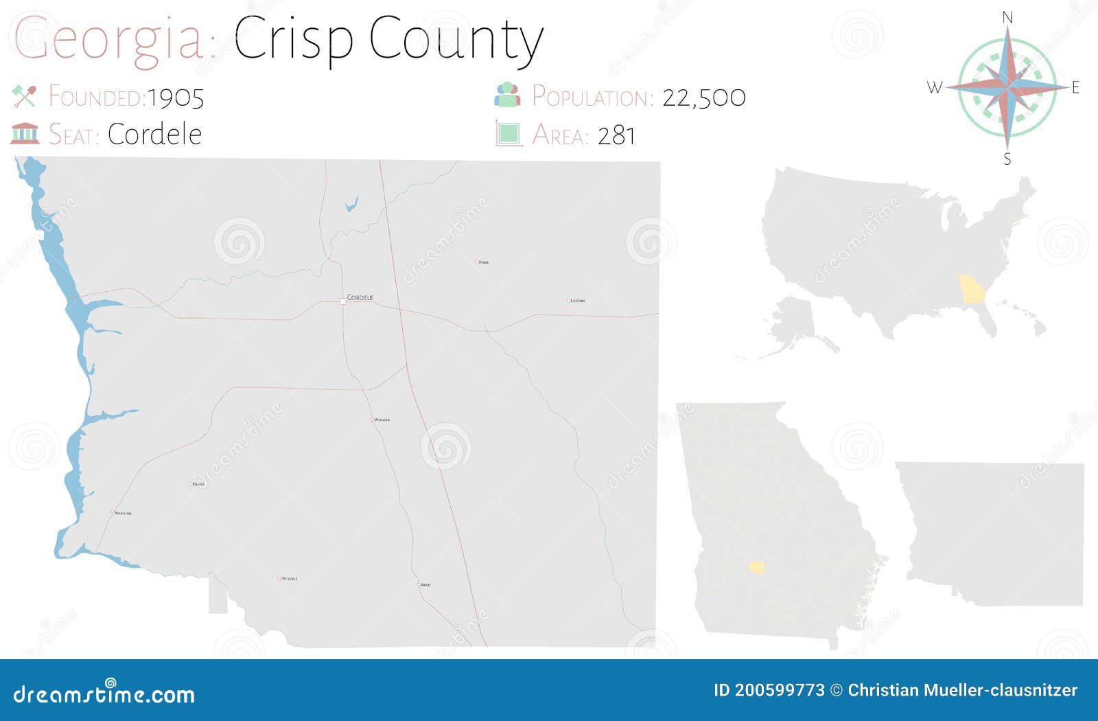 Map Of Crisp County In Georgia State On White Background. Single County ...