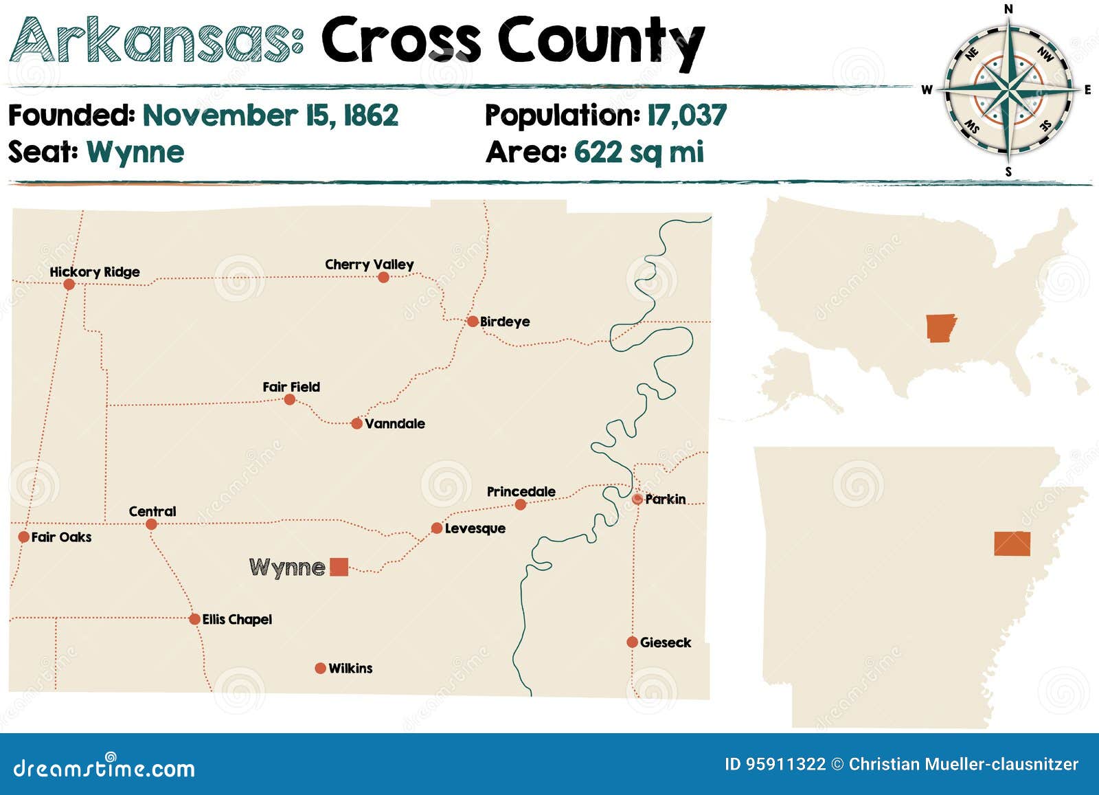 Map of Cross County, Arkansas Stock Vector - Illustration of detail ...